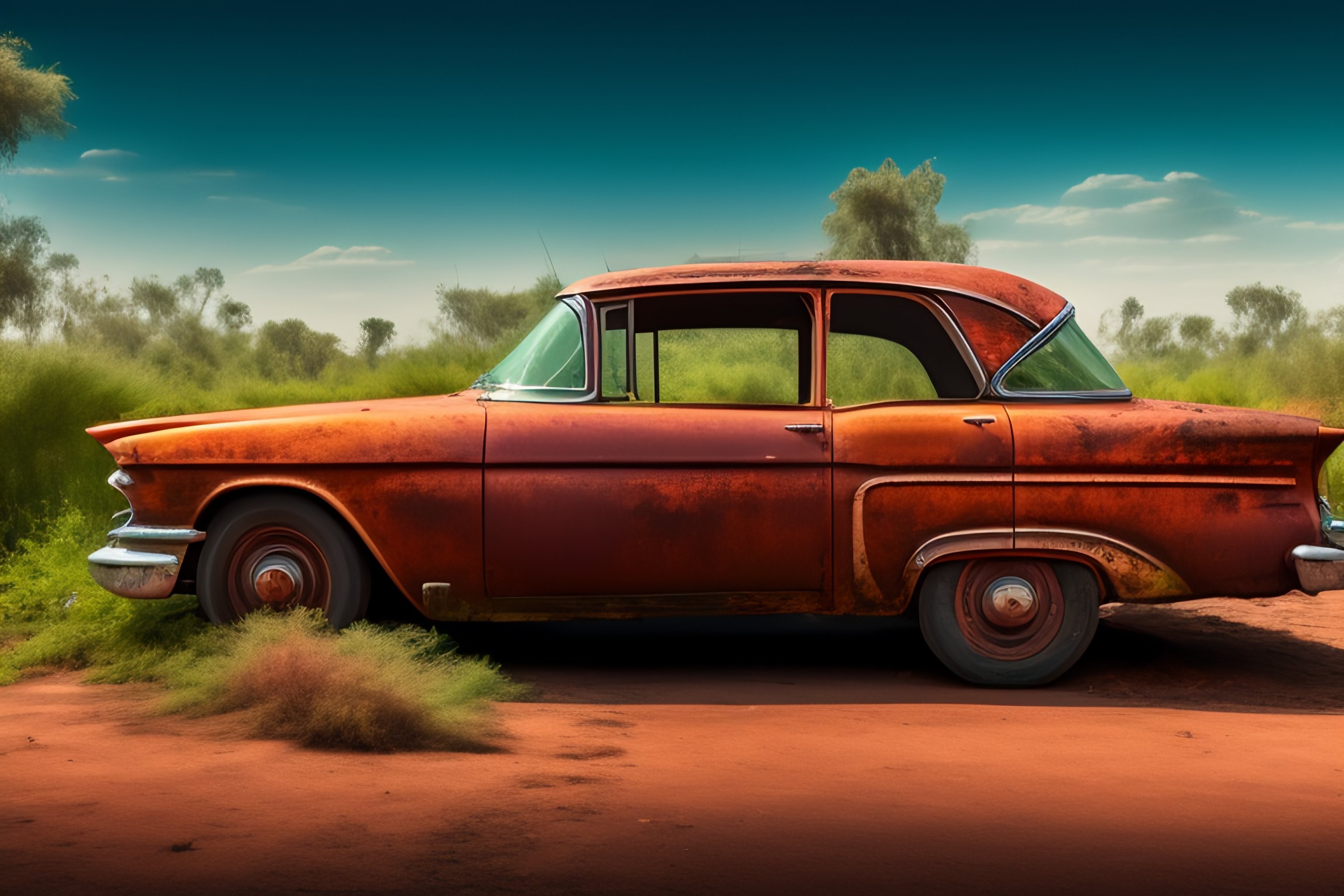 Lexica - 4k view of a old rusty car covered in vegetation with rusty ...