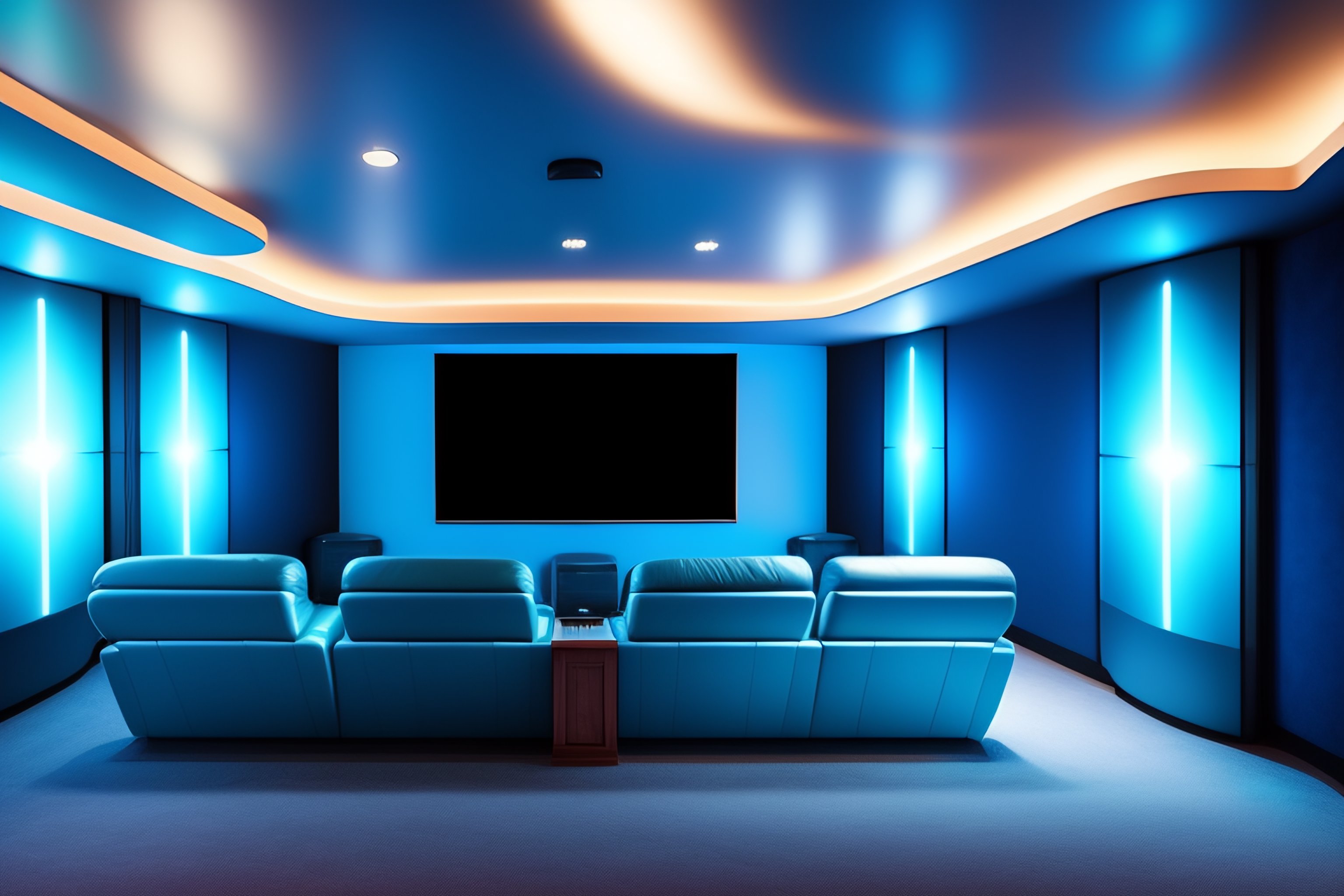 Lexica - Futuristic movie theater screen, sky blue leather seats ...