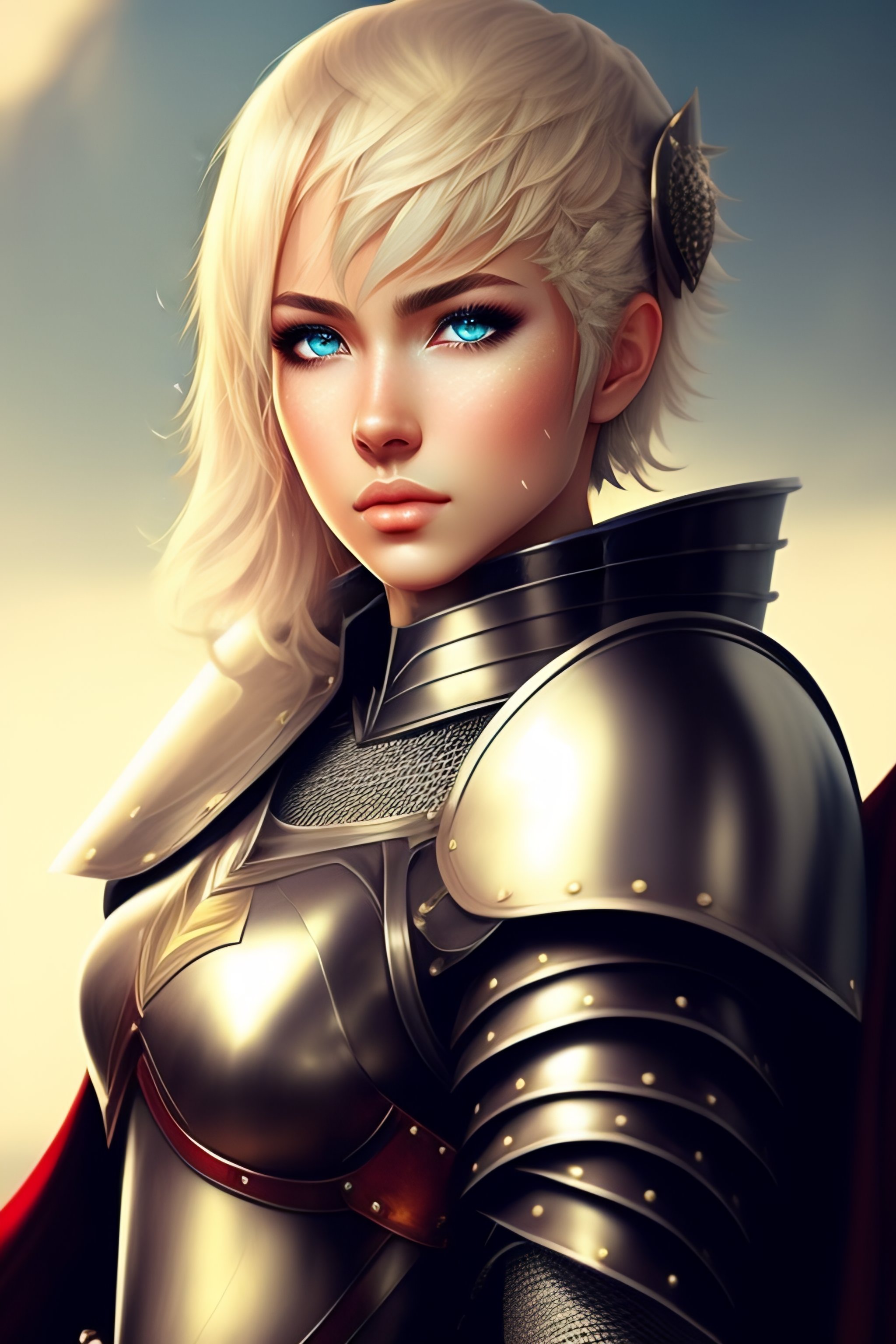 Lexica - Magical knight, plate armor, blonde short hair, scowl, solo ...