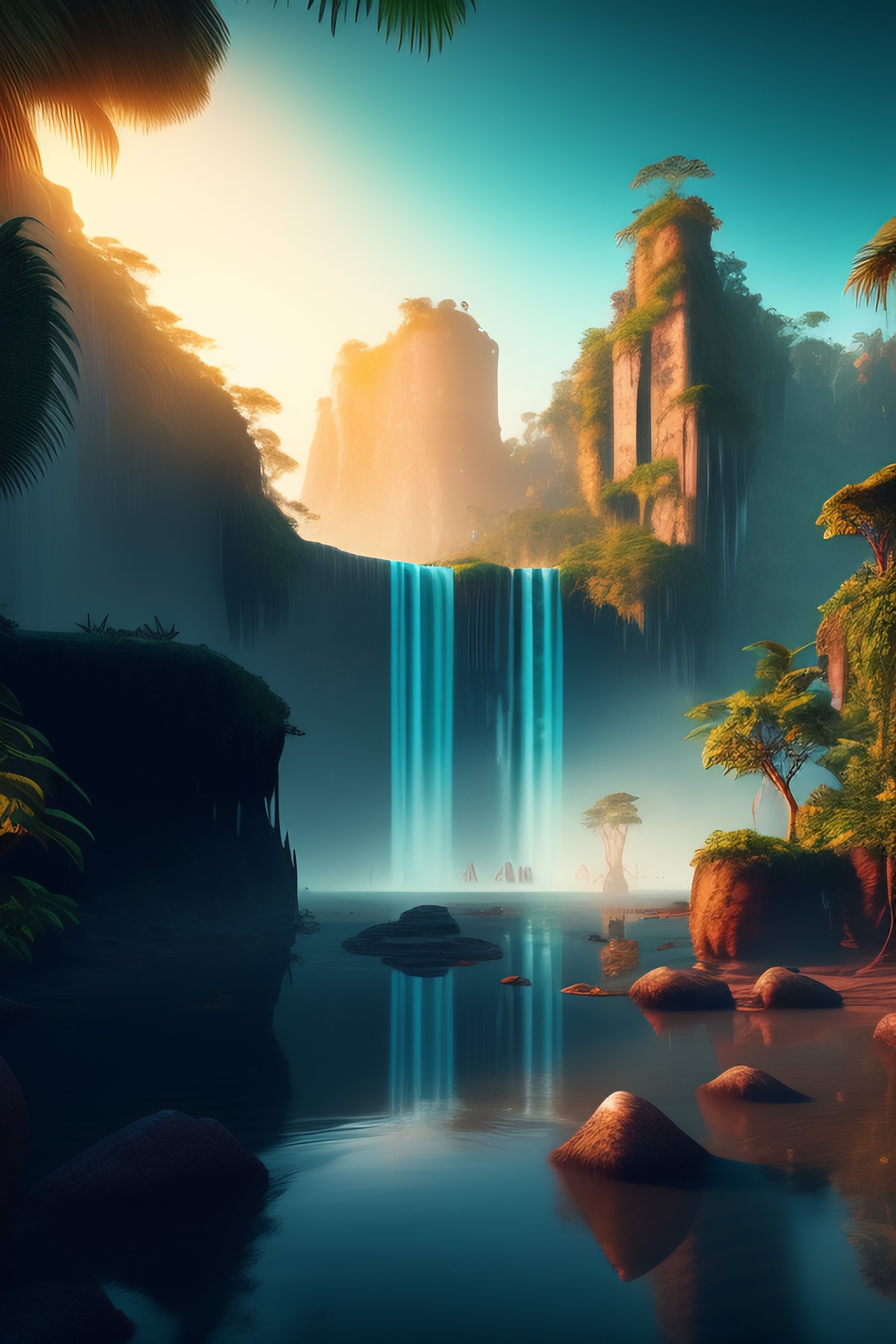 Lexica - A cinematic Aztec scene with a jungle and waterfalls ...