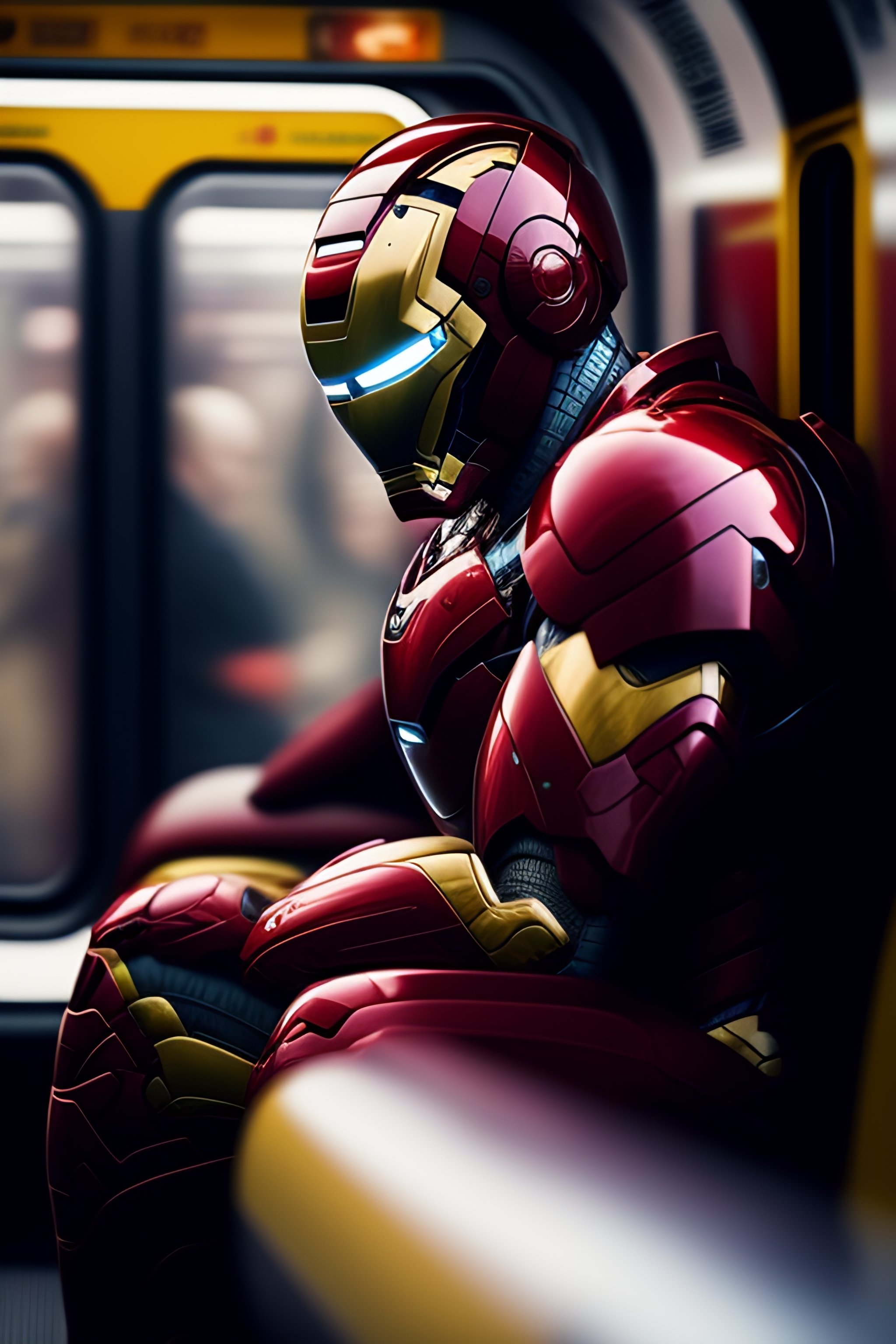Lexica - Iron Man sitting in the London Underground train during rush ...