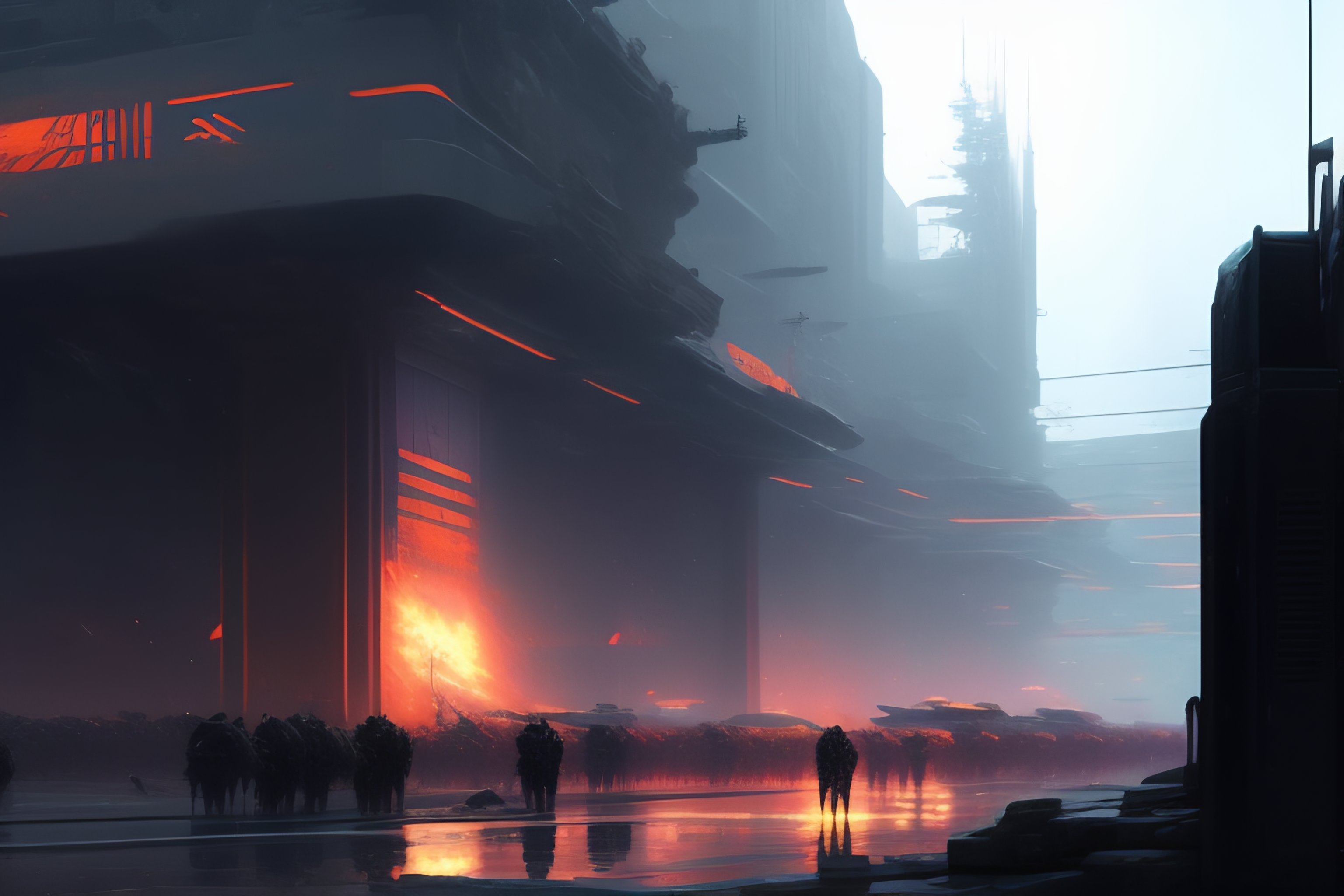 Lexica - Dramatic war scene, art by greg rutkowski, cyberpunk