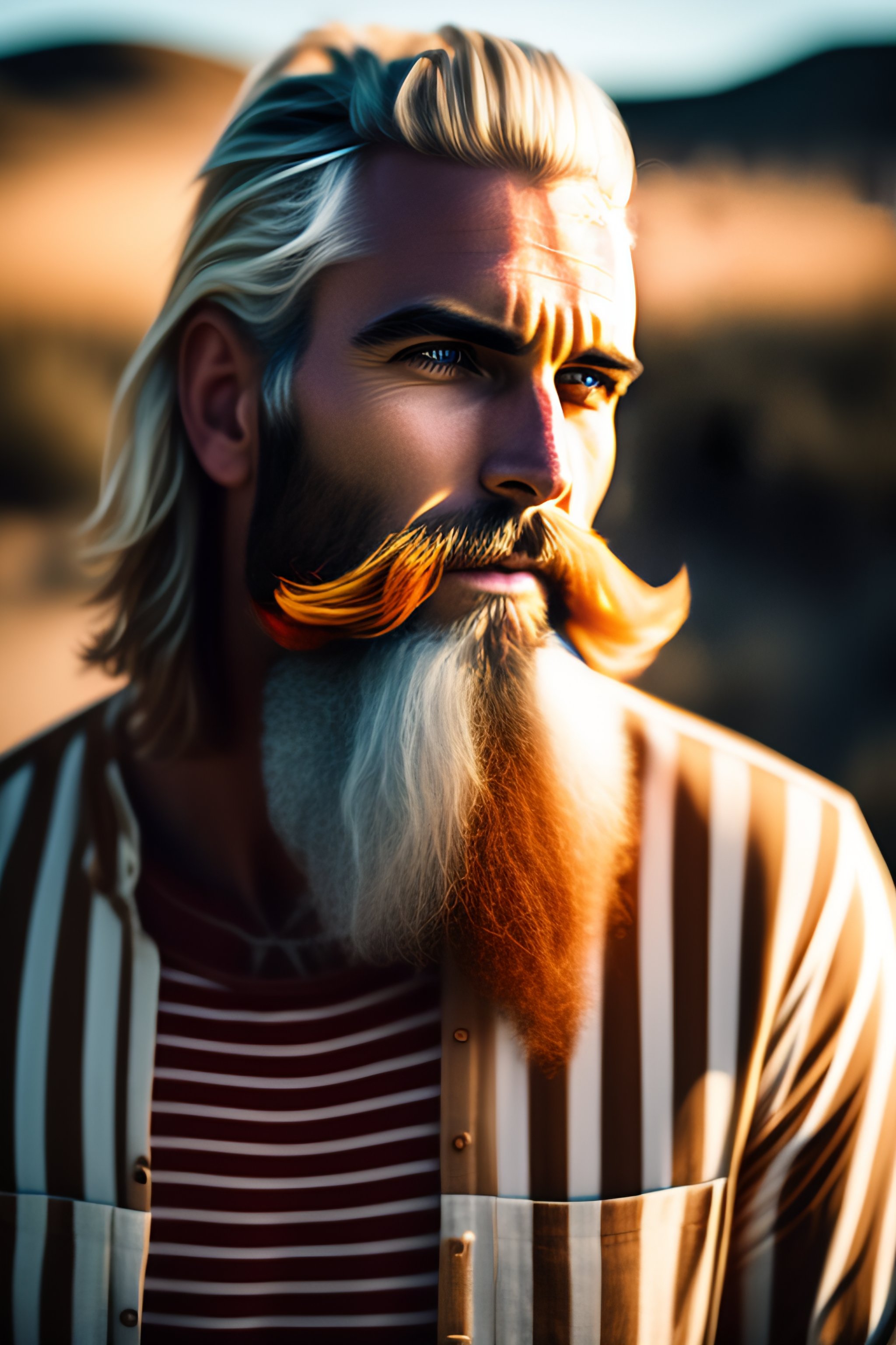 Lexica - Man with beard, blonde, striped shirt , tajikistan