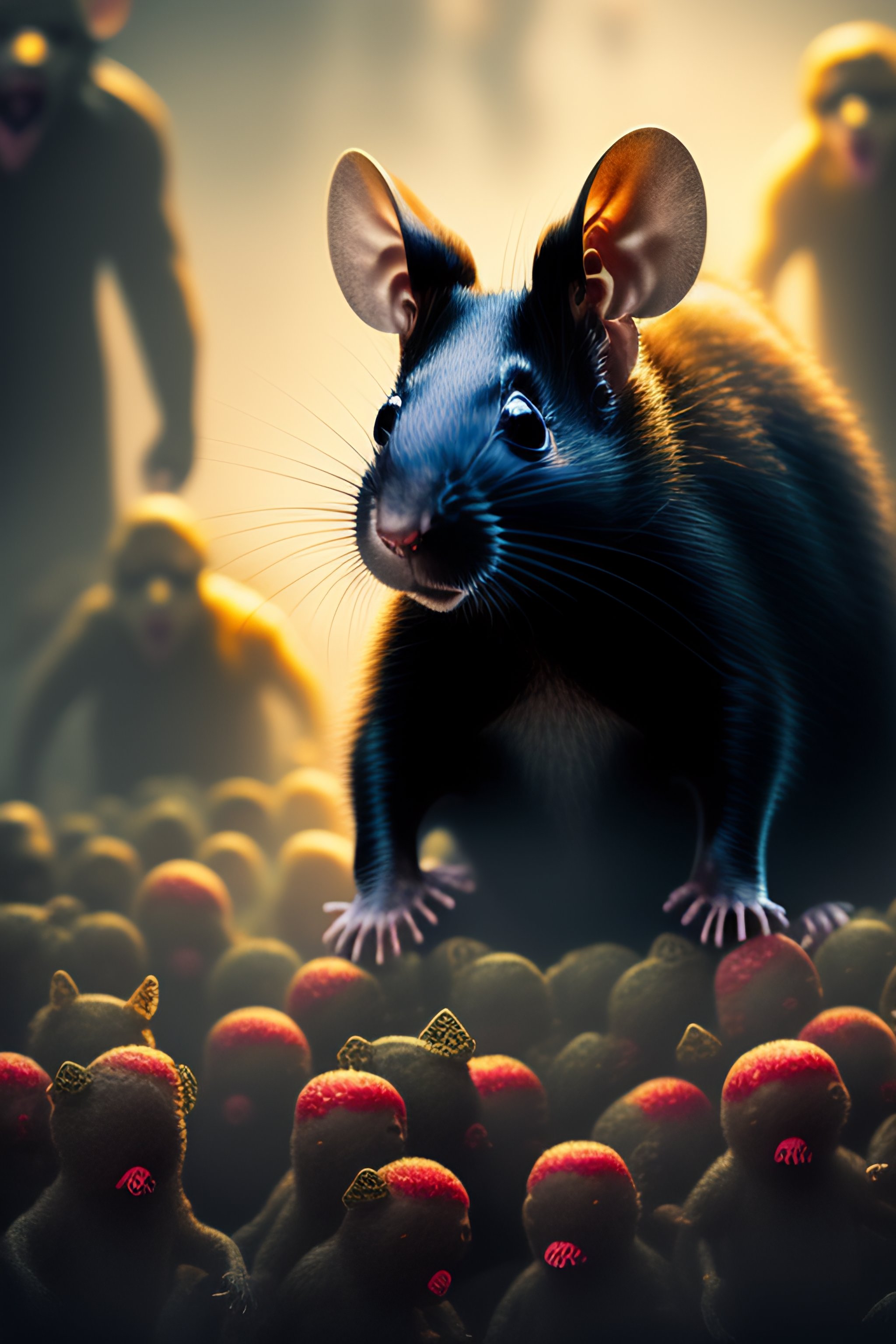 Lexica - A clothed black rat in front of a horde of zombies