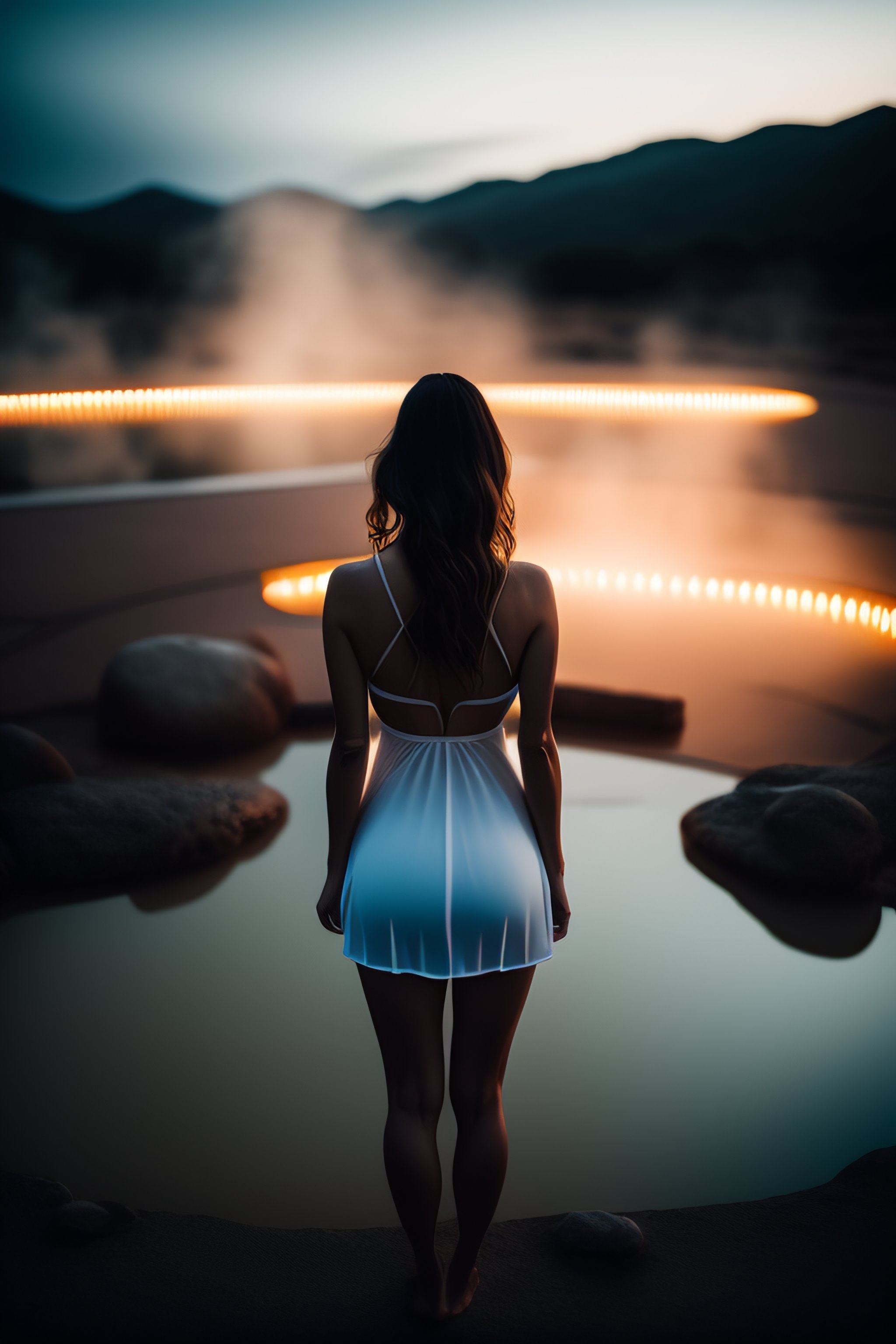 Lexica - Slim lightly dressed woman standing over a hotspring by personalami cinematic lighting