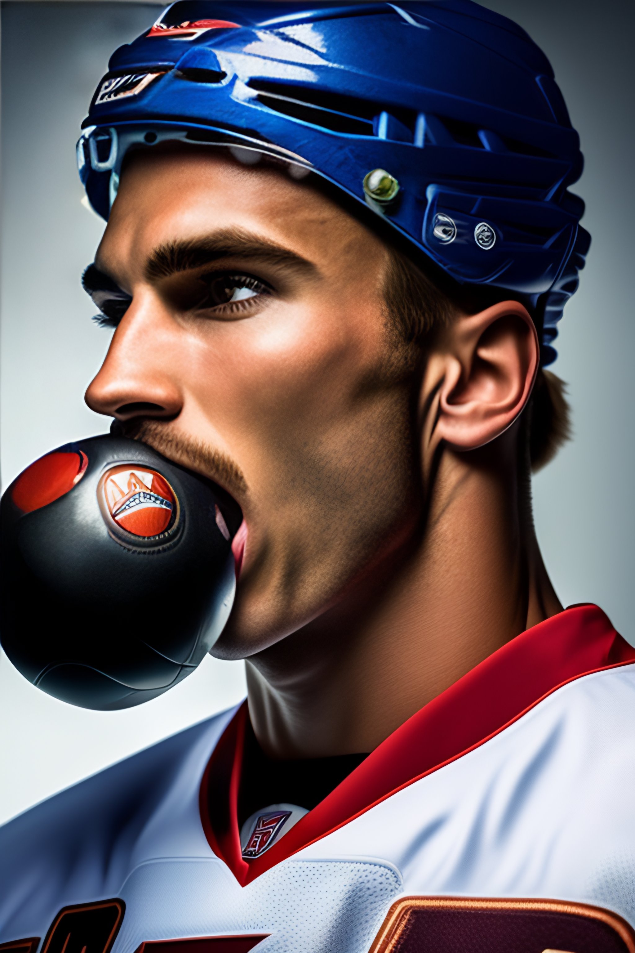Lexica - Portrait of a hockey player showcasing his mouthguard