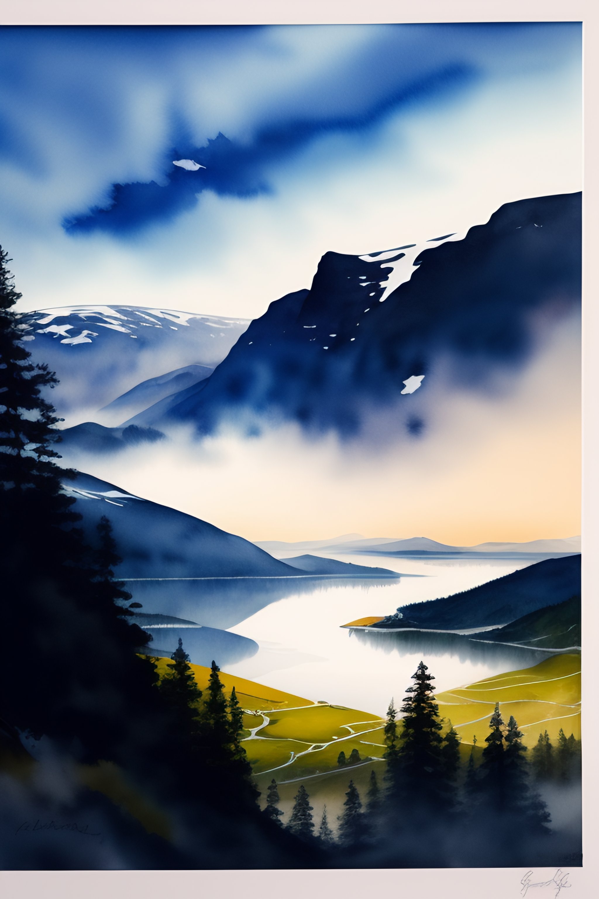 Lexica - Watercolor and india ink painting looking out over vast ...