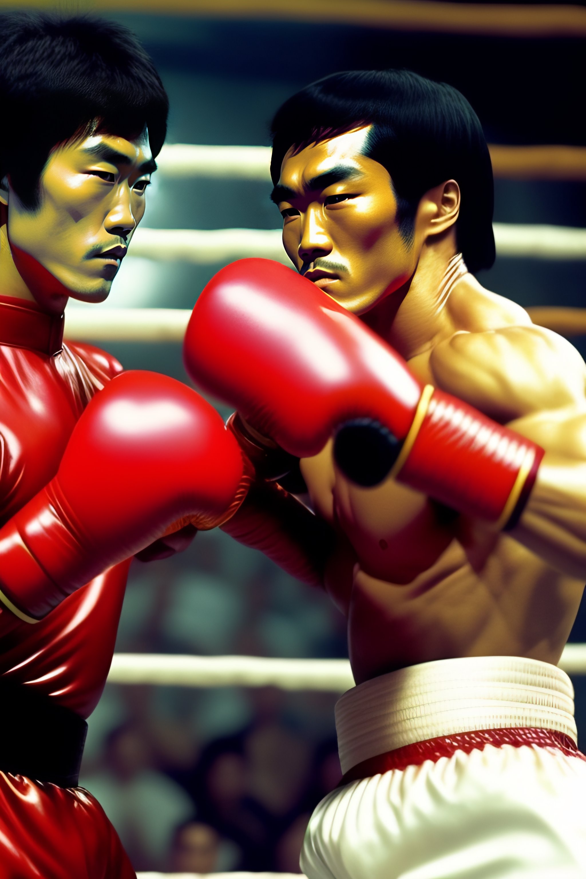 Lexica - Bruce lee portant un kimono rouge, sur un rign de boxe, très ...