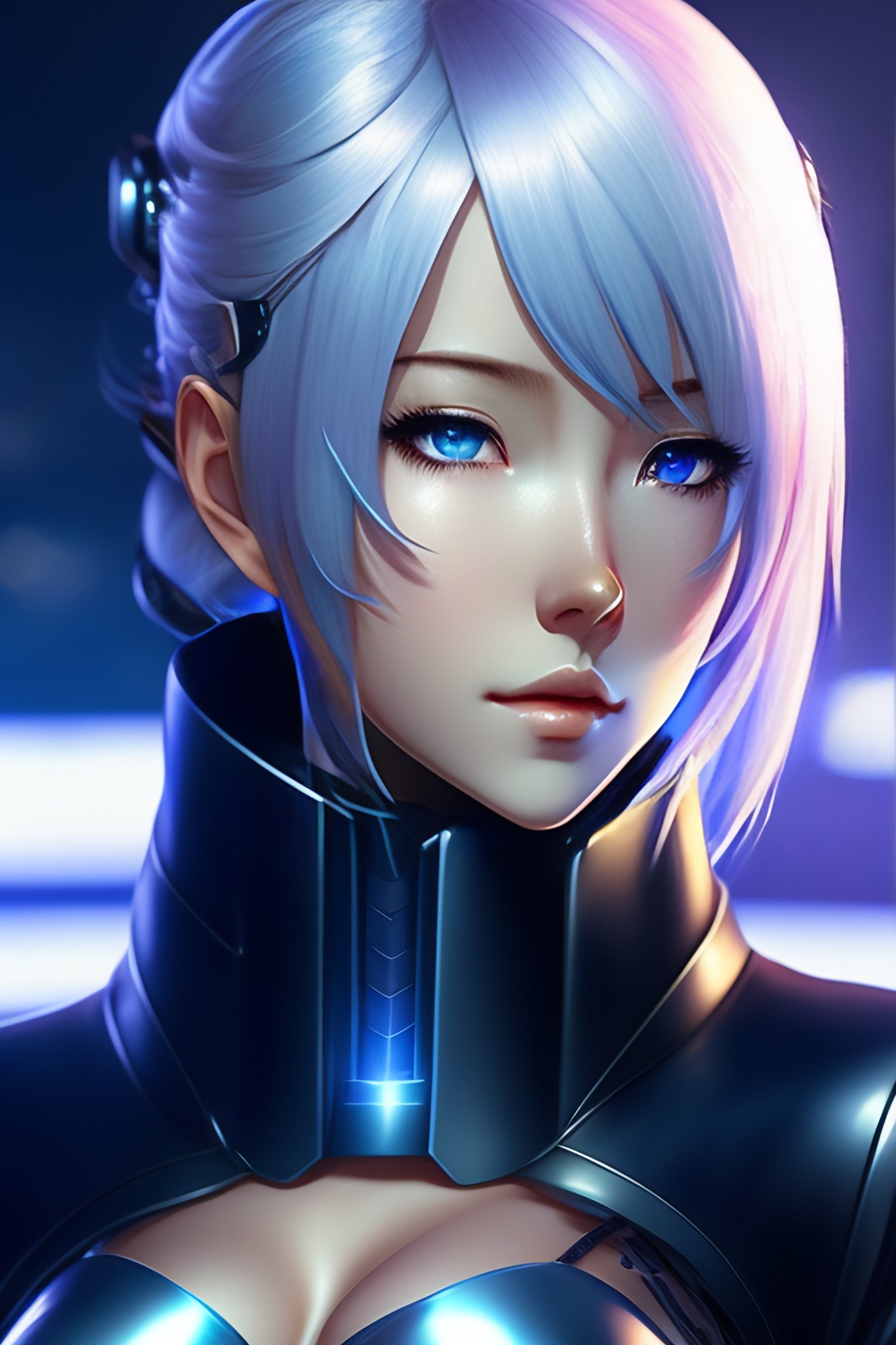 Lexica - Young adult anime android girl with silver hair, blue eyes ...