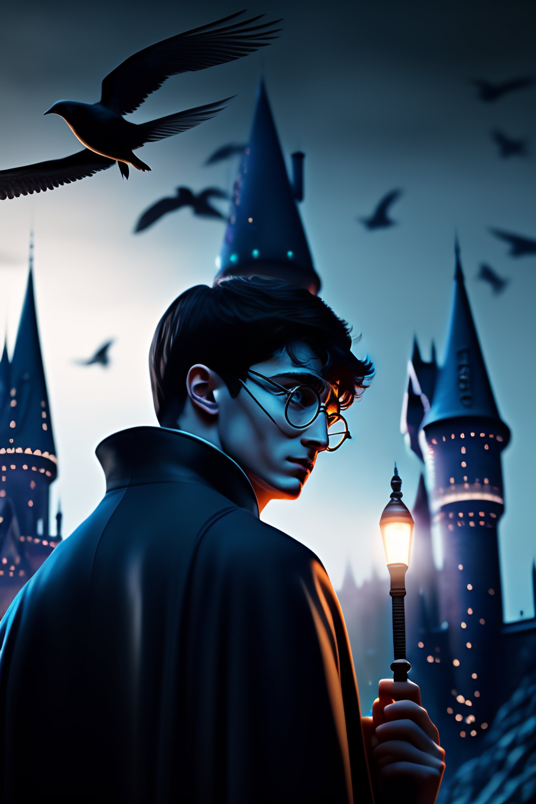 Lexica - Photo of Harry Potter holding his wand in front of Hogwarts ...