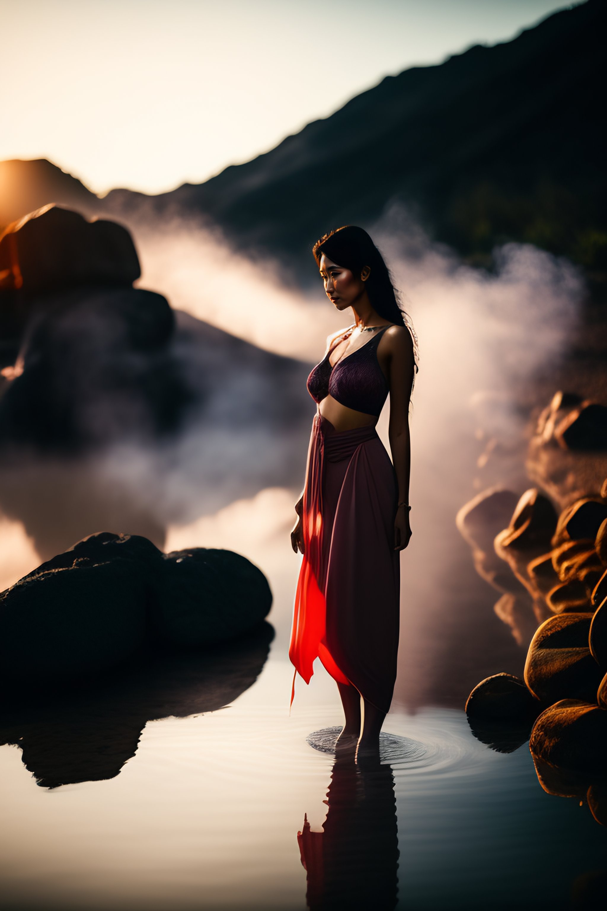 Lexica - Slim lightly dressed woman standing over a hotspring by personalami cinematic lighting