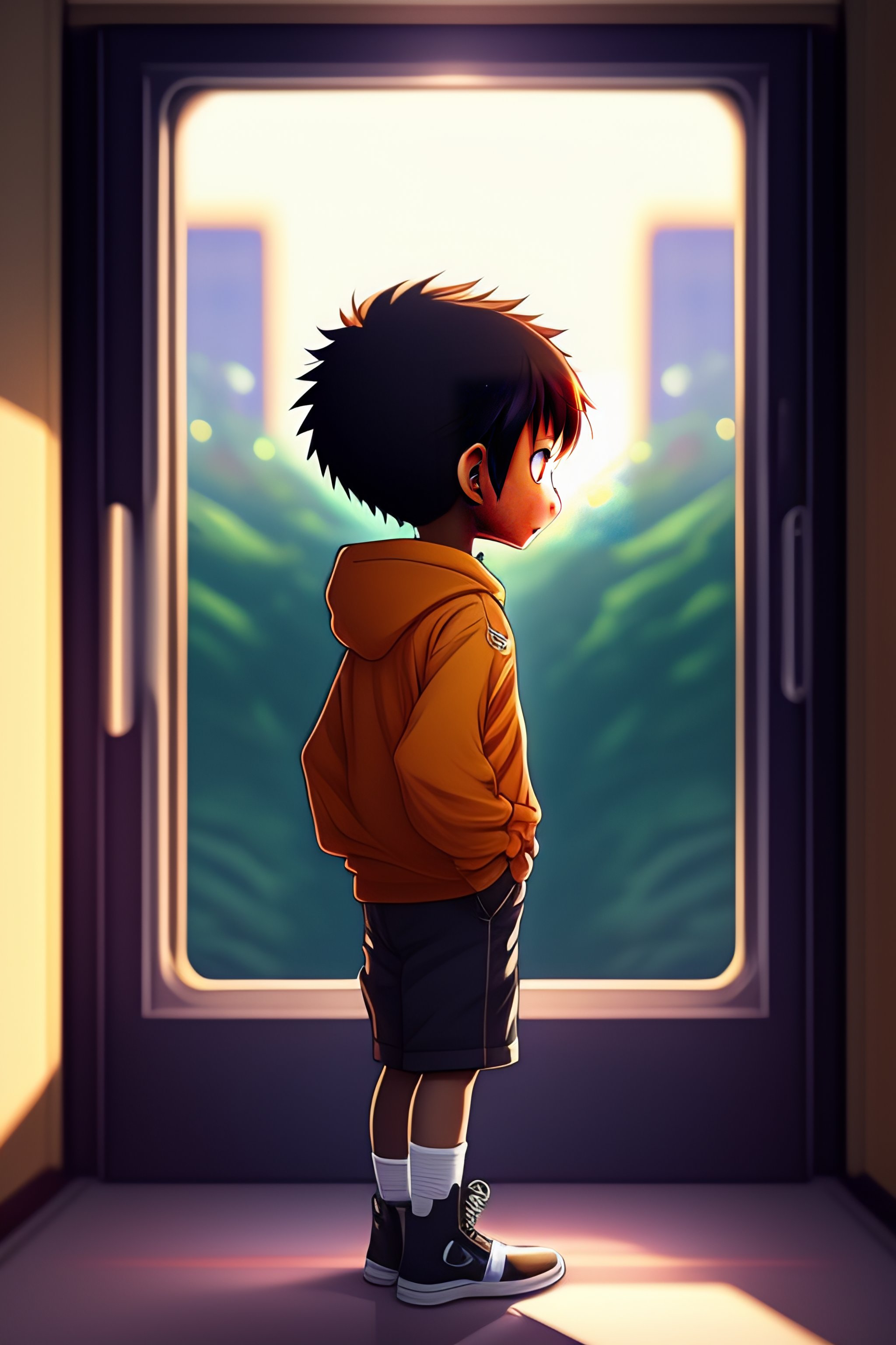 Lexica - Bald anime brown kid looking at portal, Anime style, manga ...