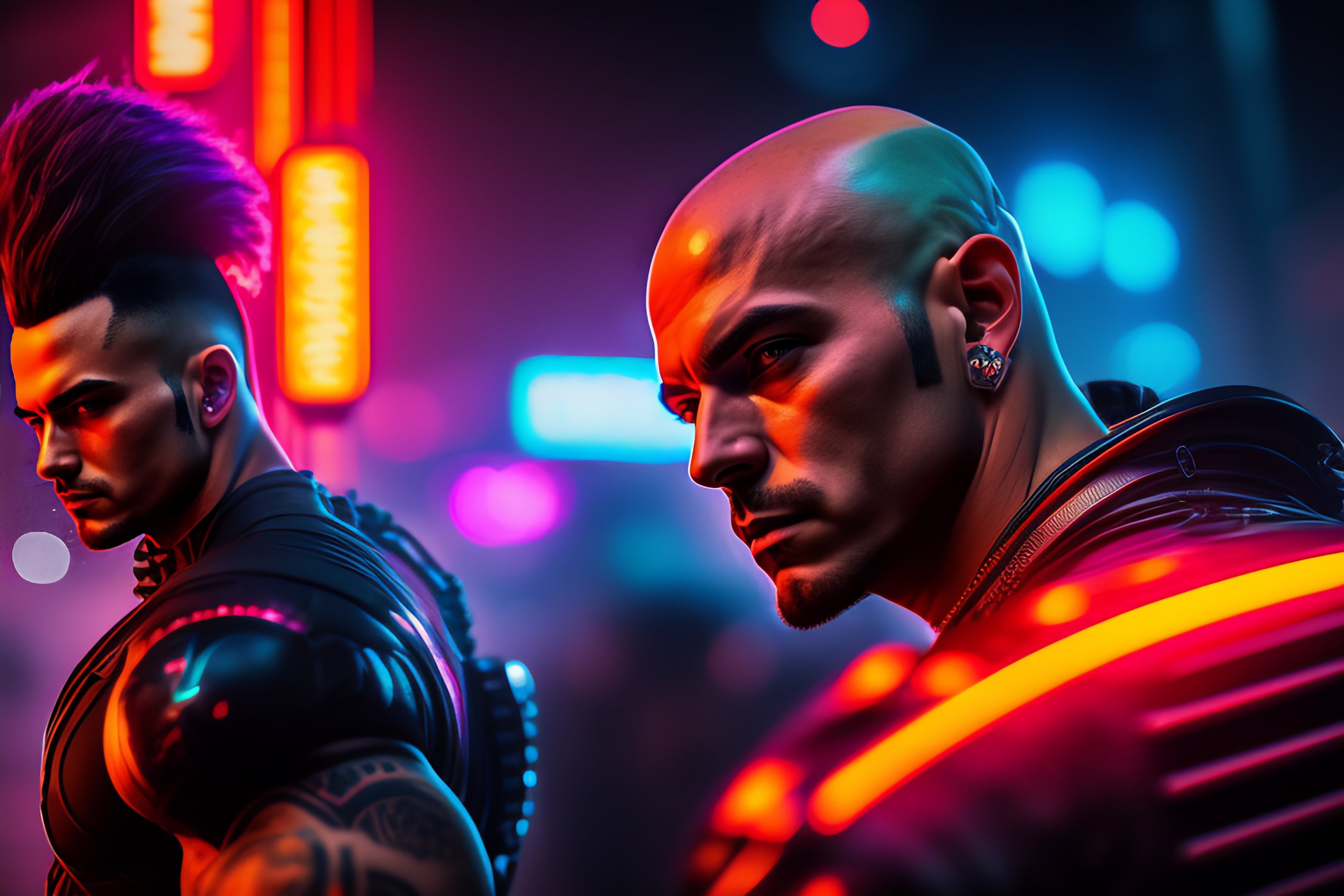 Lexica - Action shot of a bald cyberpunk man with cybernetic arms, neon ...