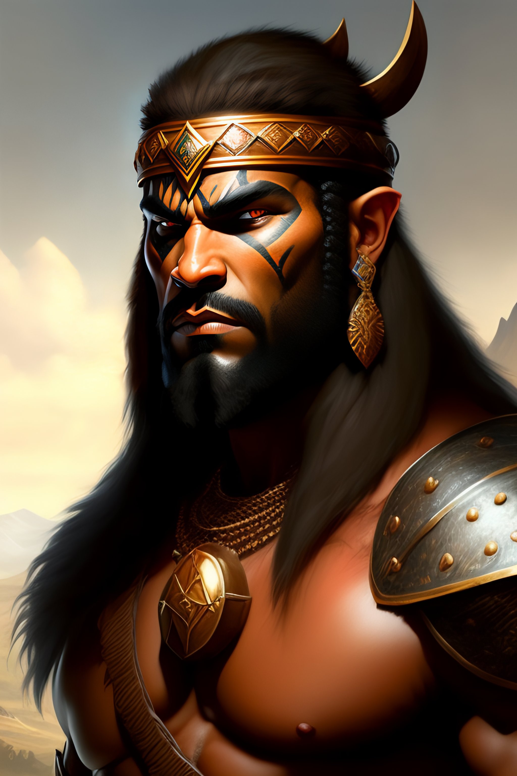 Lexica - Human barbarian oil painting with orcish face and olive skin d ...