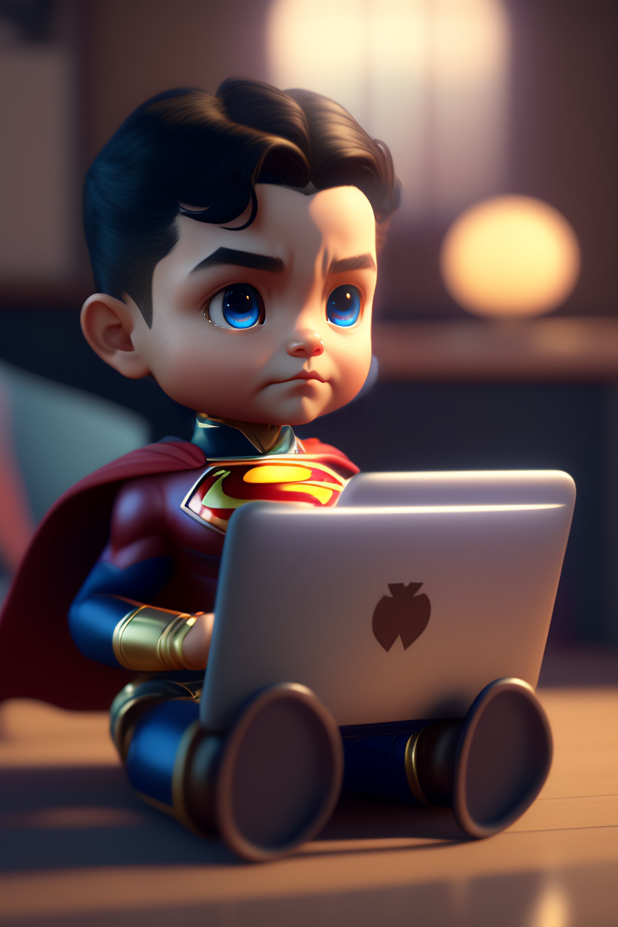 Lexica - Cute small humanoid superman sitting in front of laptop ...
