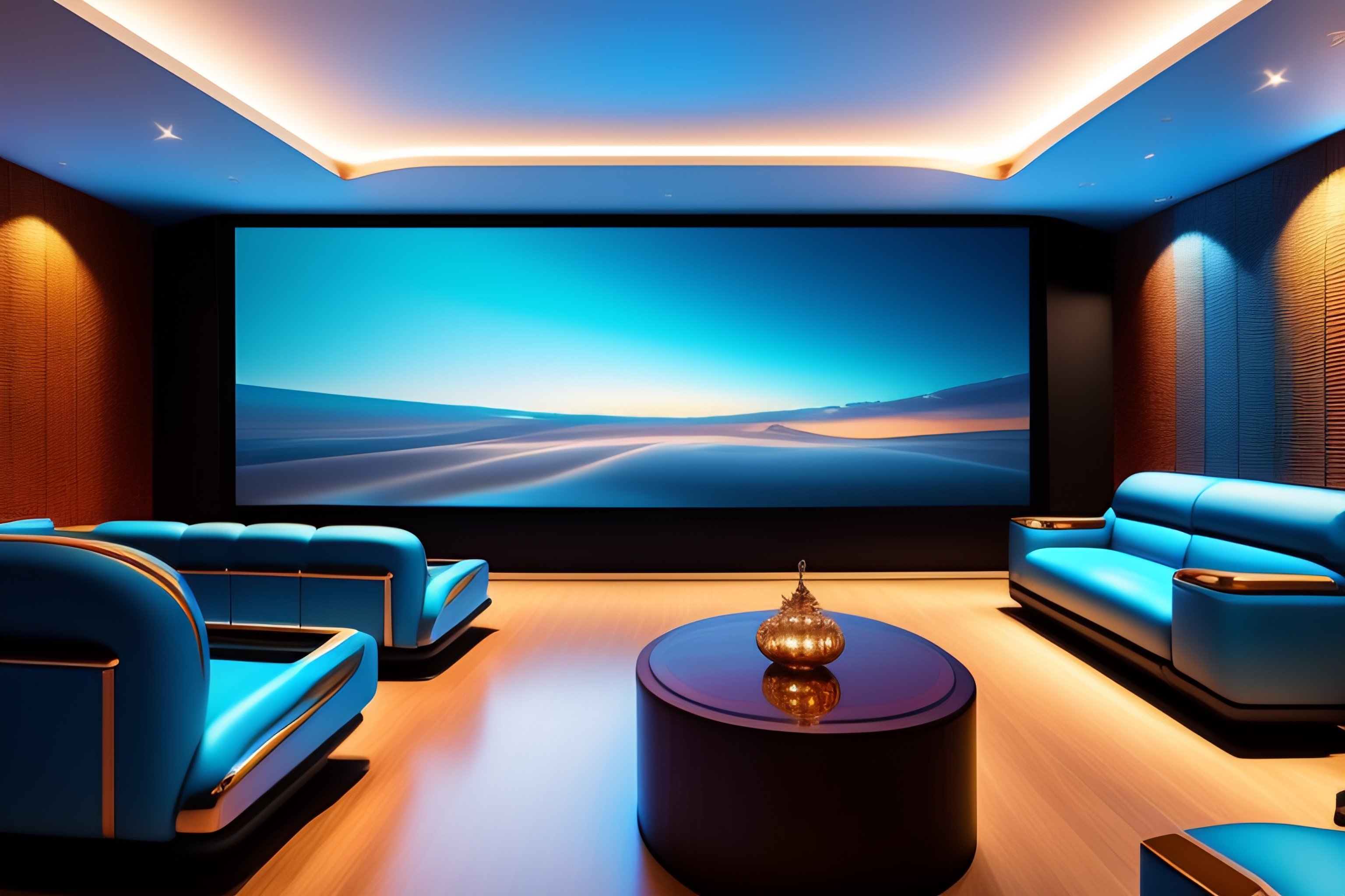 Lexica - Futuristic movie theater screen, sky blue leather seats, large ...