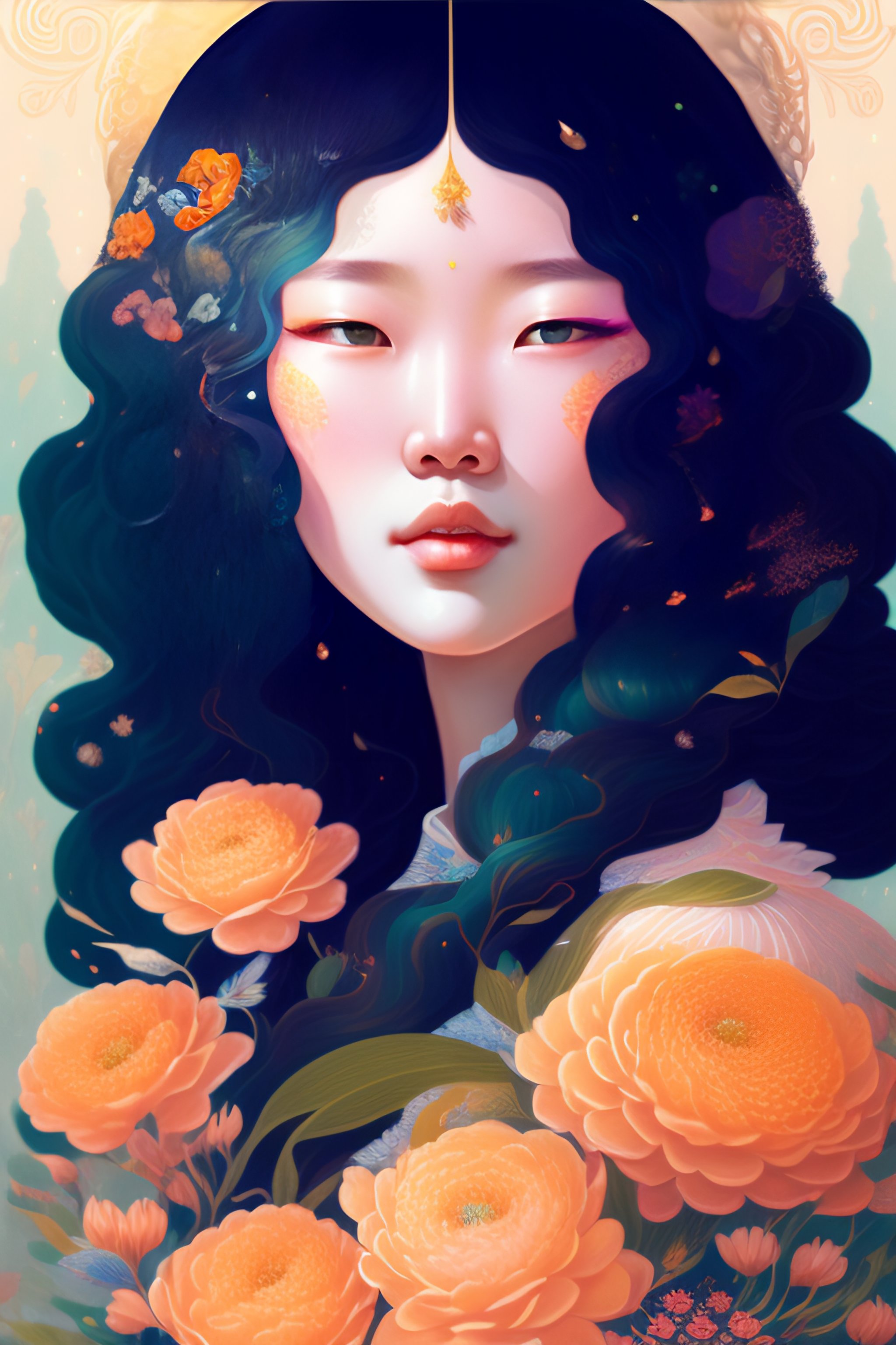 Lexica - Beautiful cute front portrait korean ninfa, big long curly ...