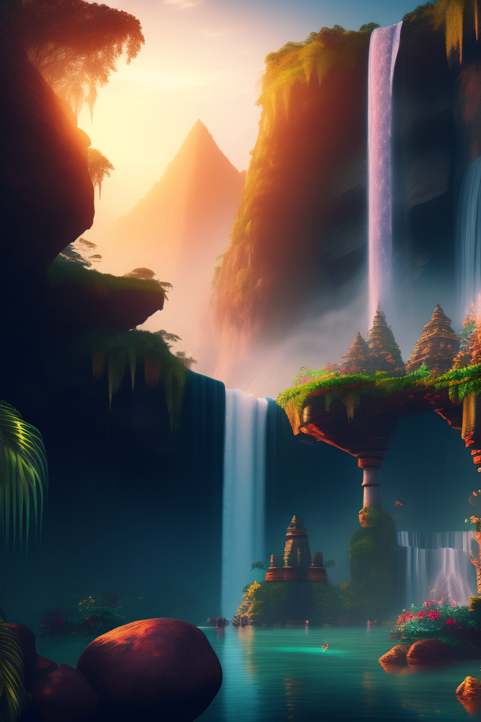 Lexica - A cinematic Aztec scene with a jungle and waterfalls ...