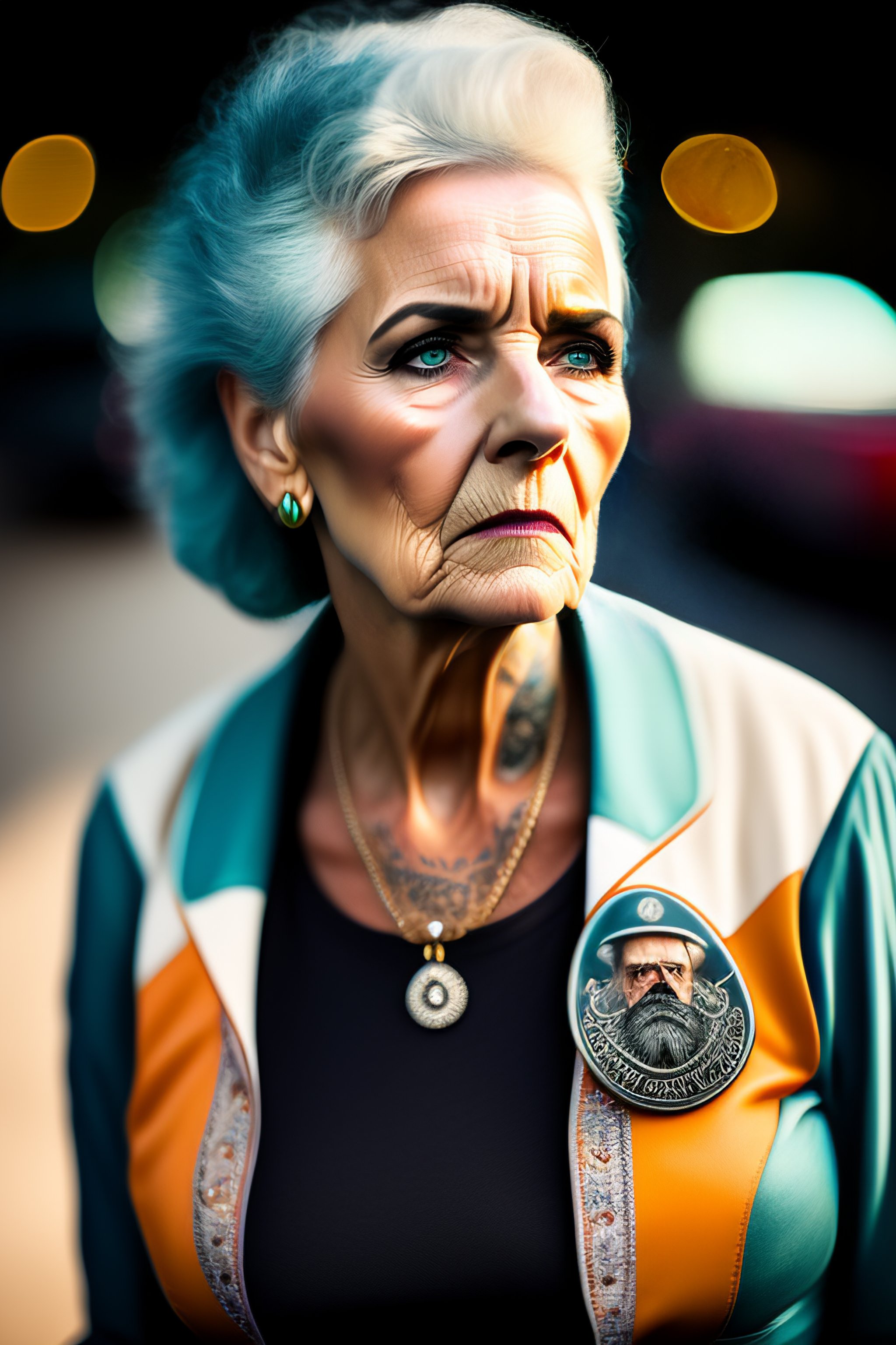 Lexica - Portrait of a grumpy mean scowl old woman biker tattoos very ...
