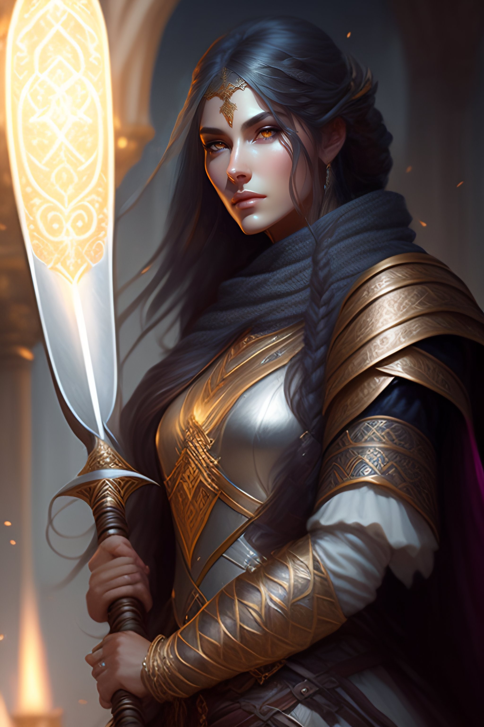 Lexica - Female cleric in center, dnd, fantasy, gray hair, holding ...