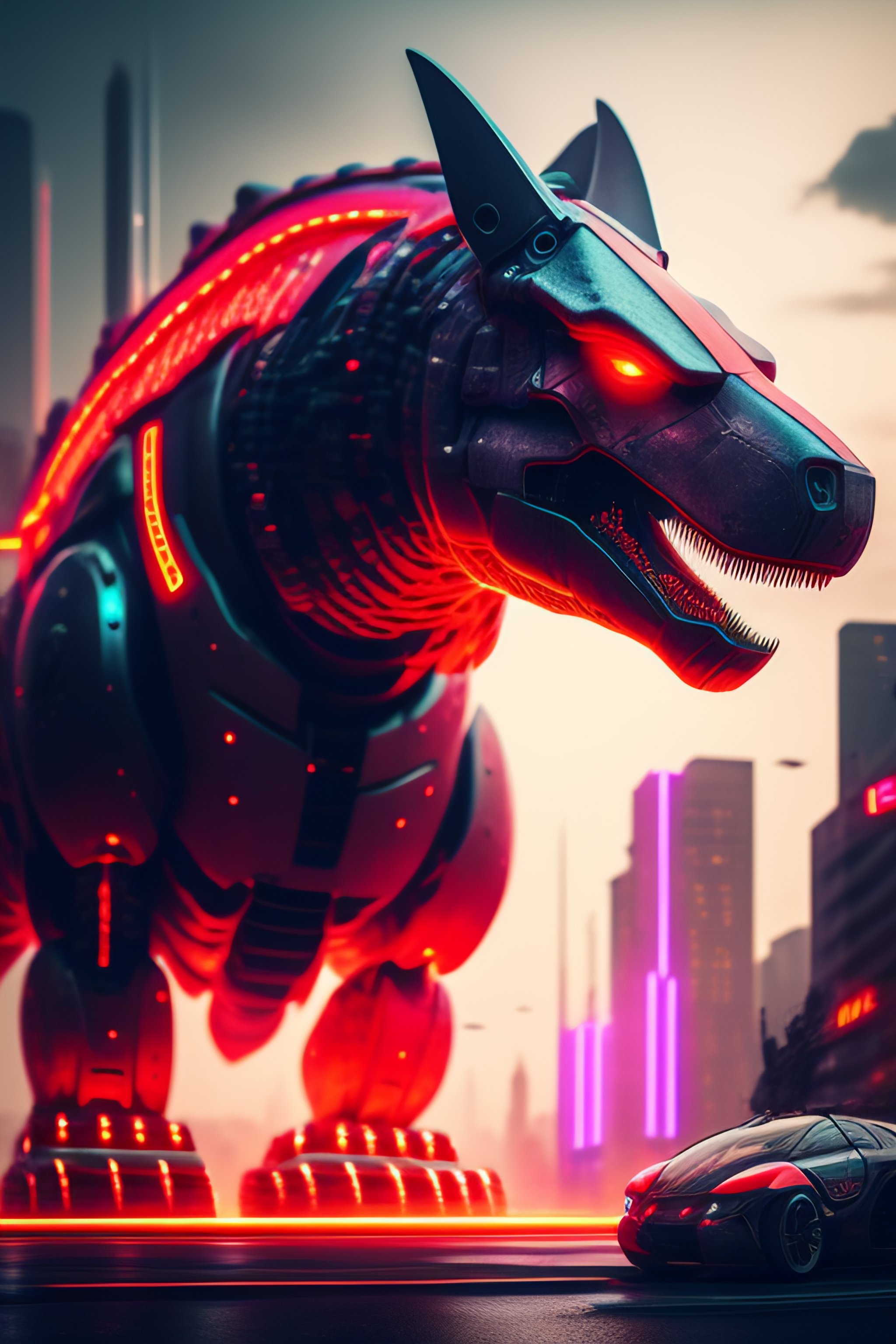 Lexica - Cyberpunk, city destroyed, Mecha t Rex, with red neon ...