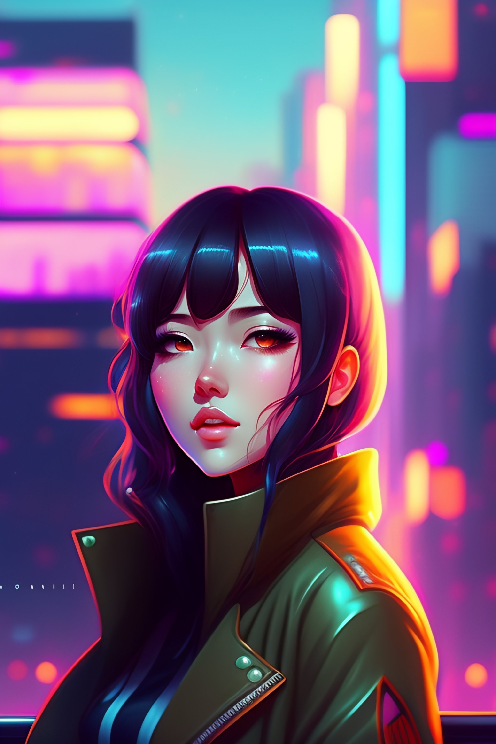 Lexica - Portrait of cute girl, night city background retrowave ...