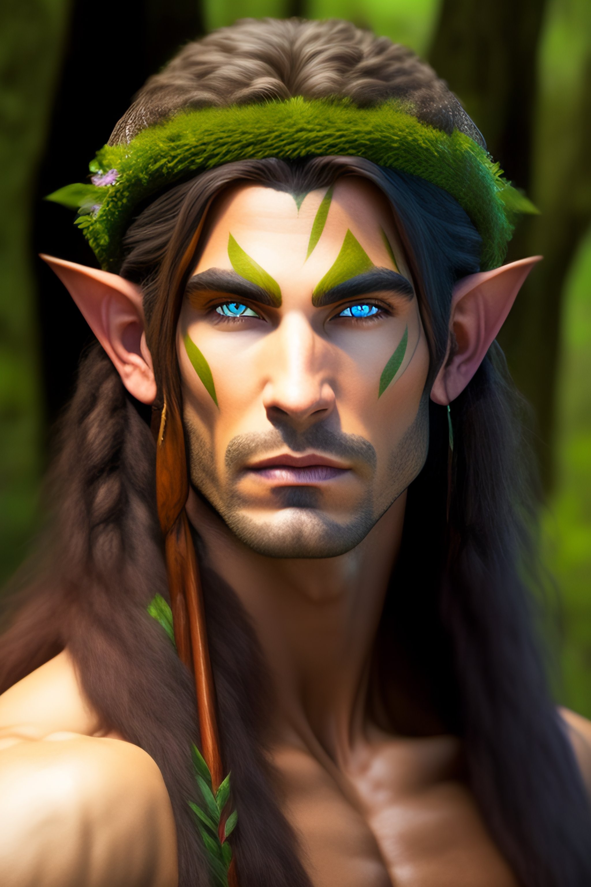 Lexica - Male elf with scarred face, archer, druid, in a forest