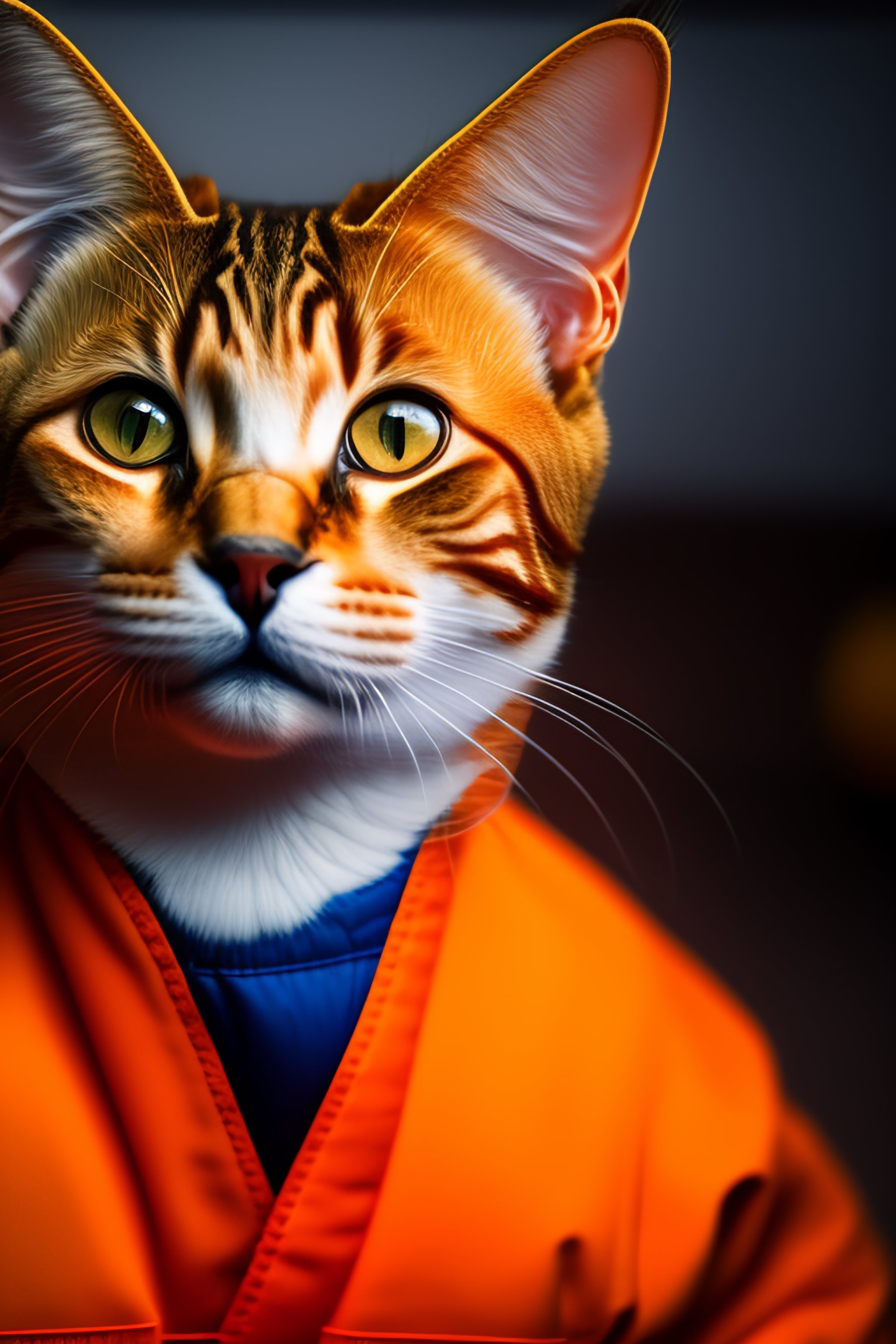 Lexica - A humanoid tabby cat wearing inmate orange jumpsuit outfit in ...