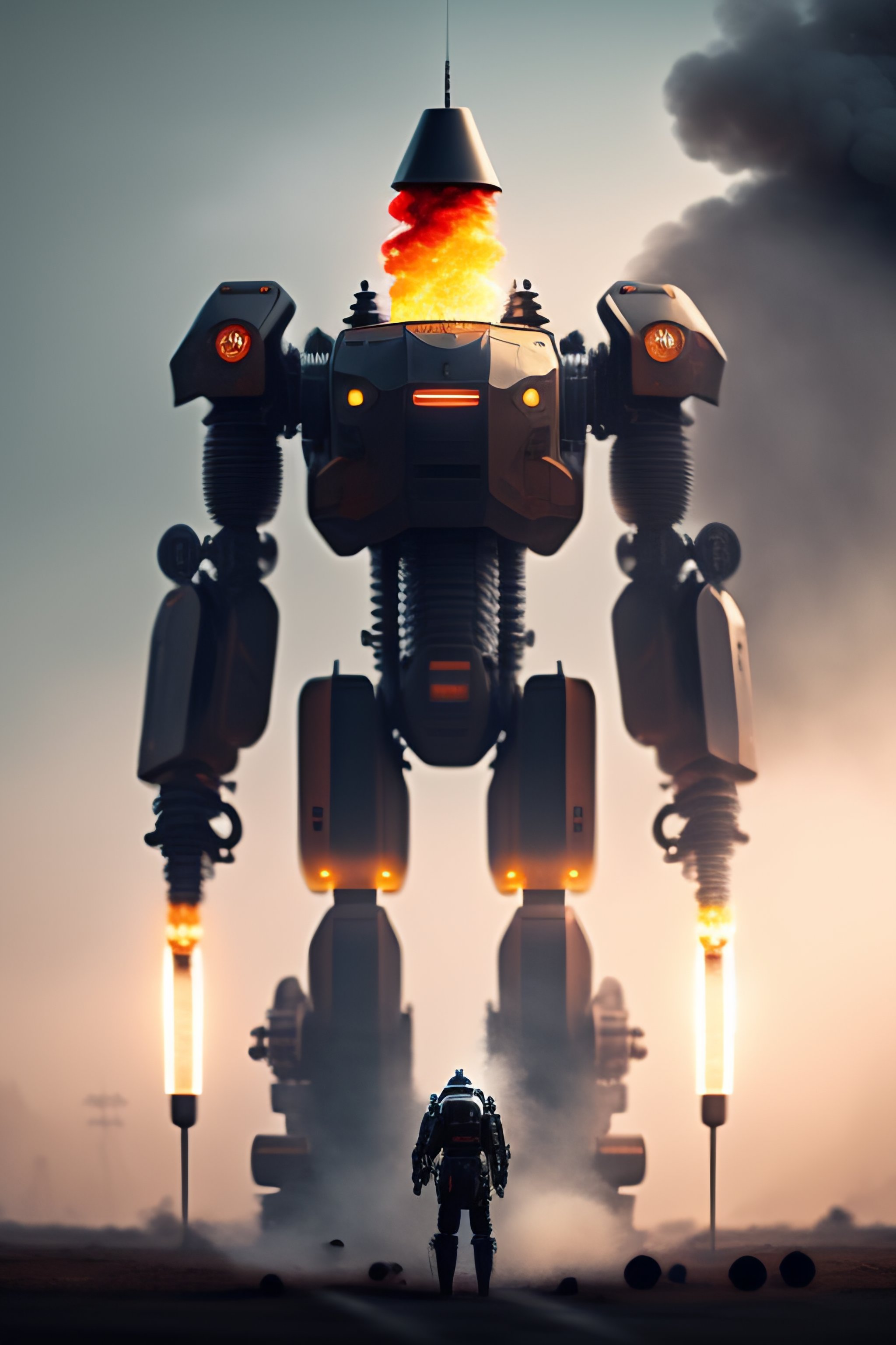 Lexica - Happy agressive tall robots lots of smoke and realistic detail