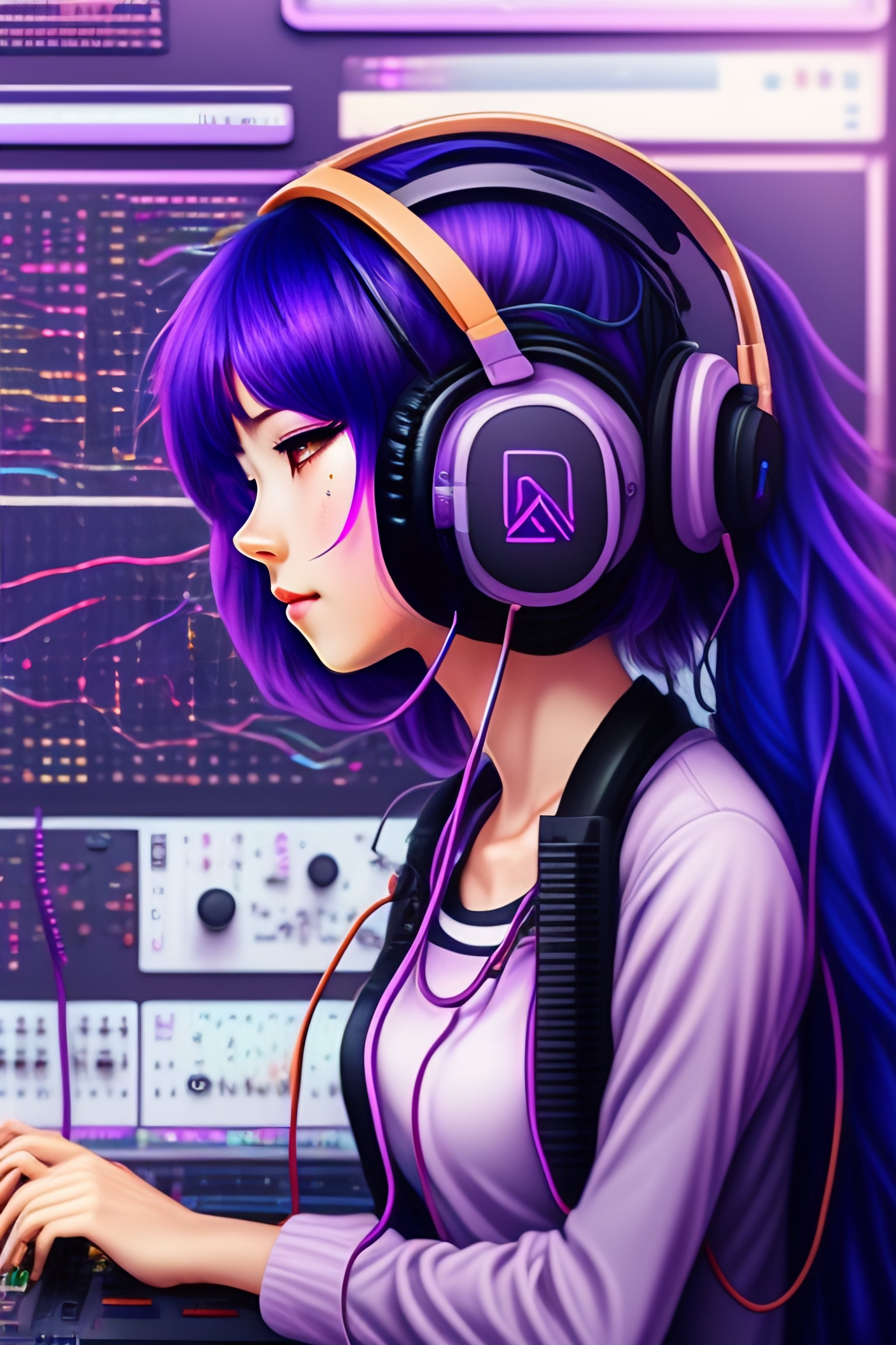 Lexica - Anime girl with purple hair, programming a modular synthesizer ...