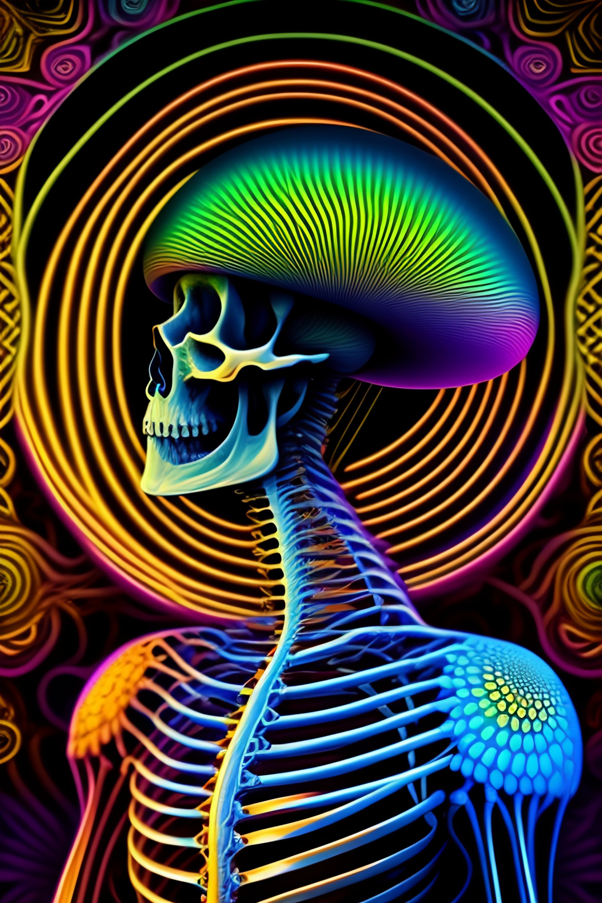 Lexica - Magic mushroom skeleton meditating in the style of alex grey