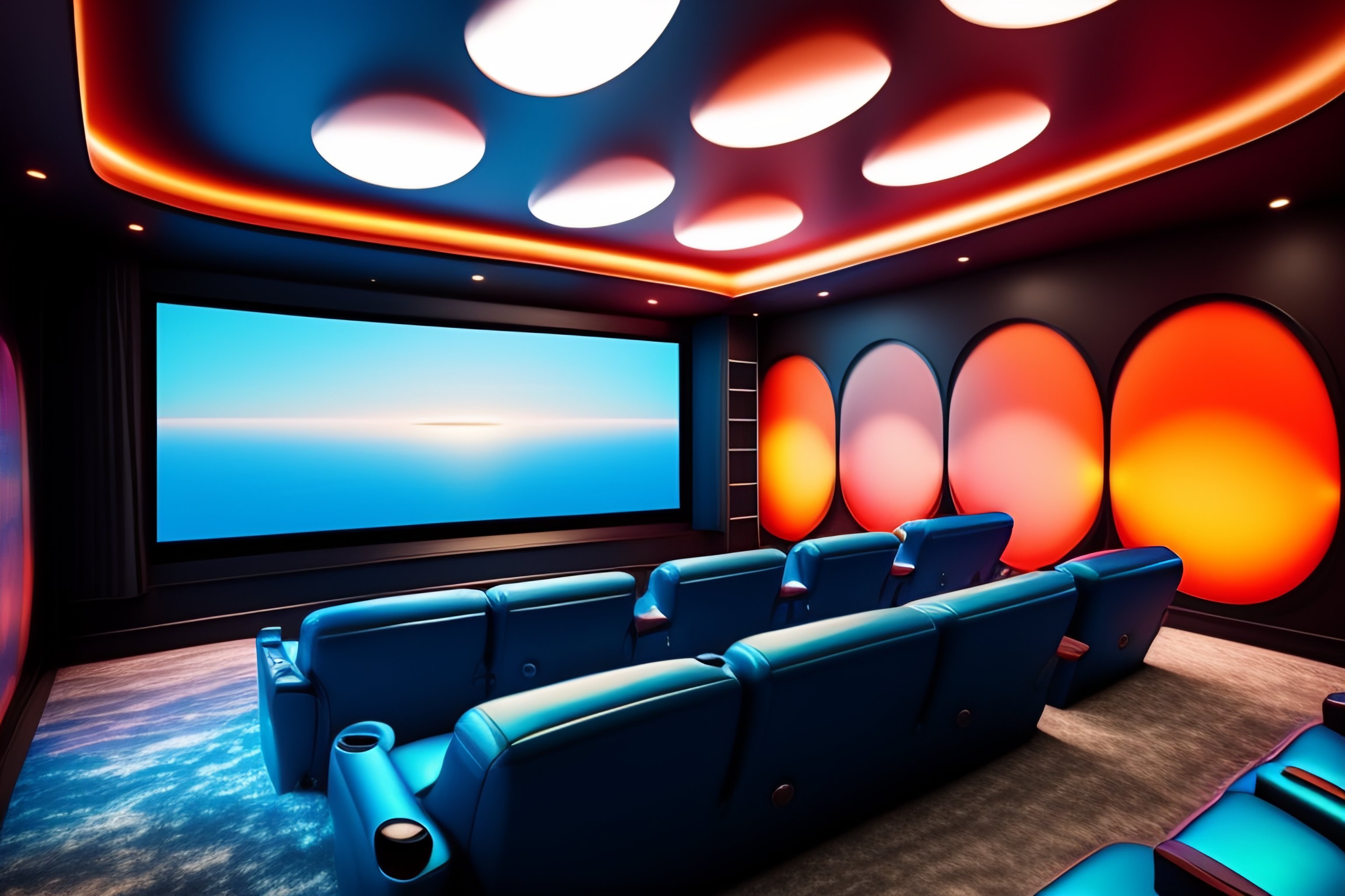Lexica - Futuristic movie theater screen, sky blue leather seats, large ...