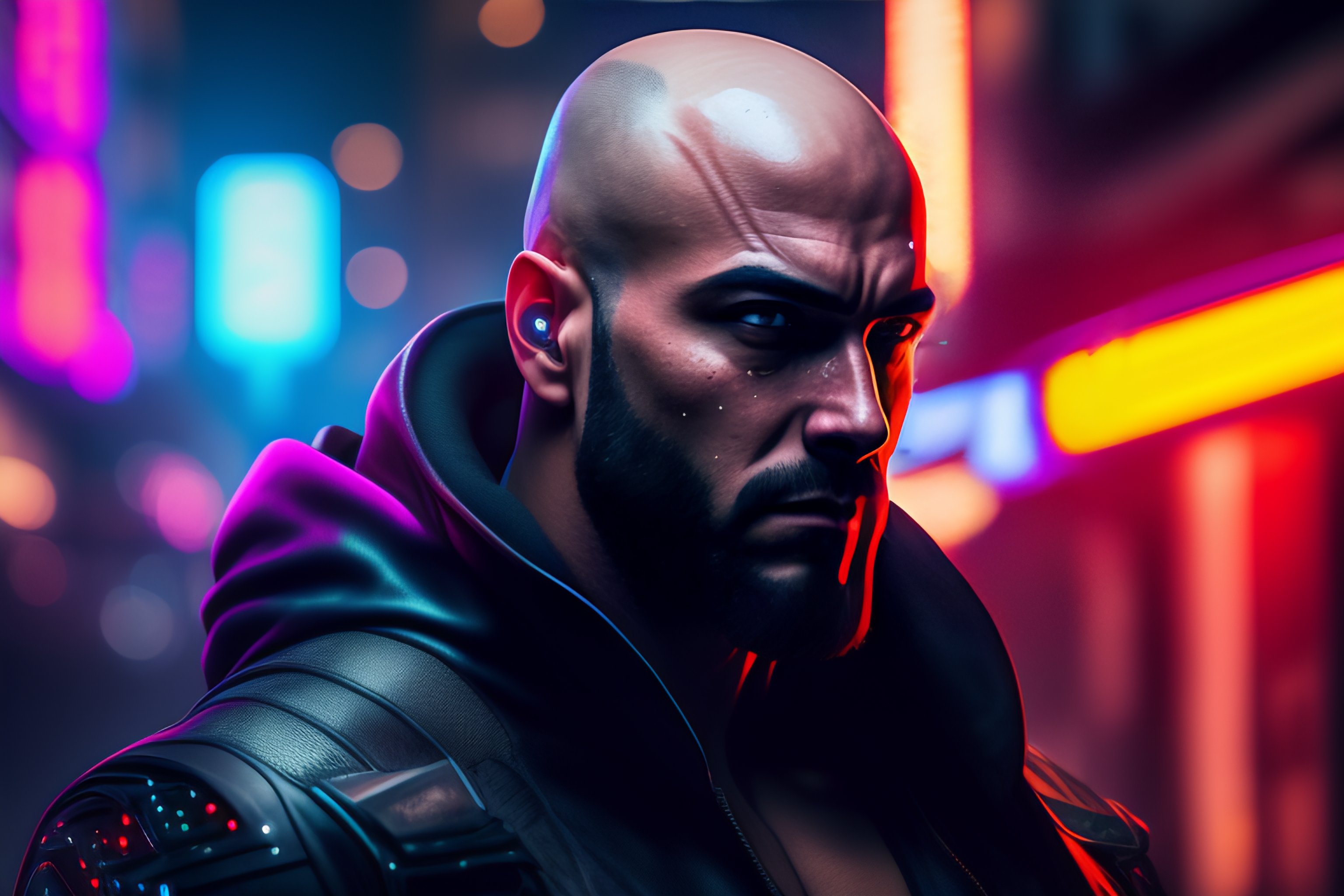 Lexica - Action shot of a bald cyberpunk man with cybernetic arms, neon ...