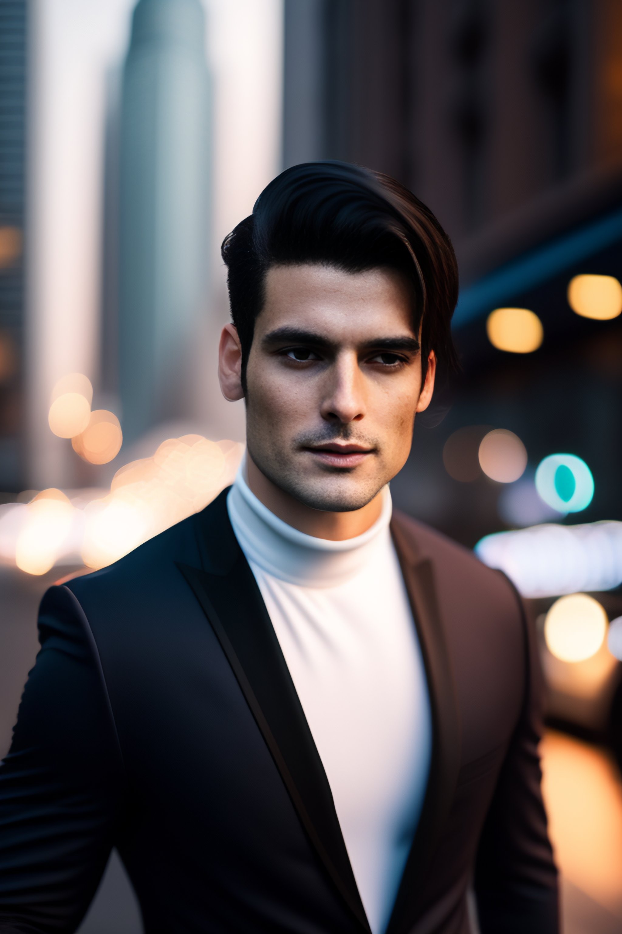 Lexica - Photorealistic, White guy in a black turtleneck and black suit ...