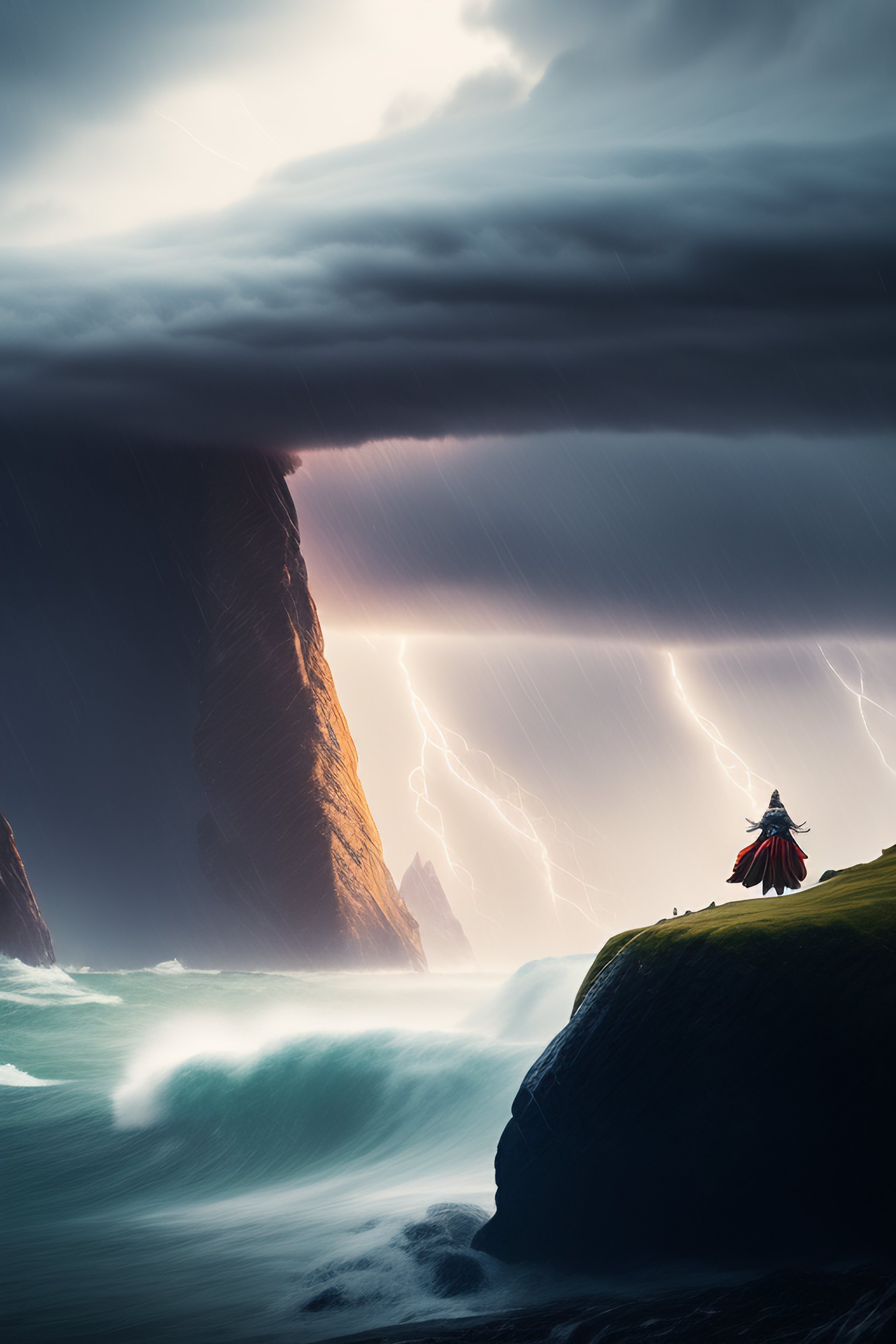 Lexica - Thor battling Odin in Asgard, thunder and heavy rain in the ...