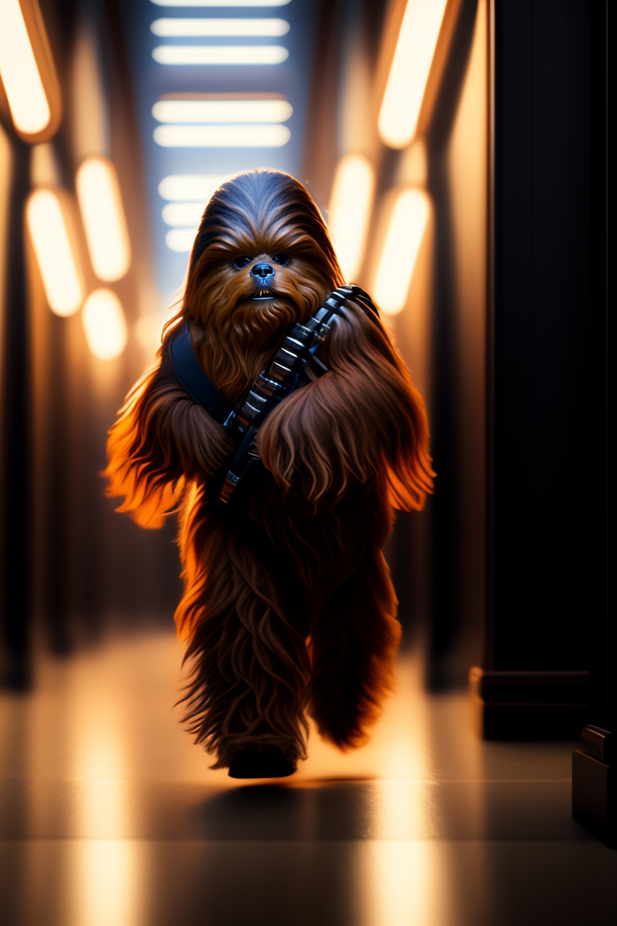 Lexica - Chewbacca running down a long hallway, Star wars, by artgerm ...