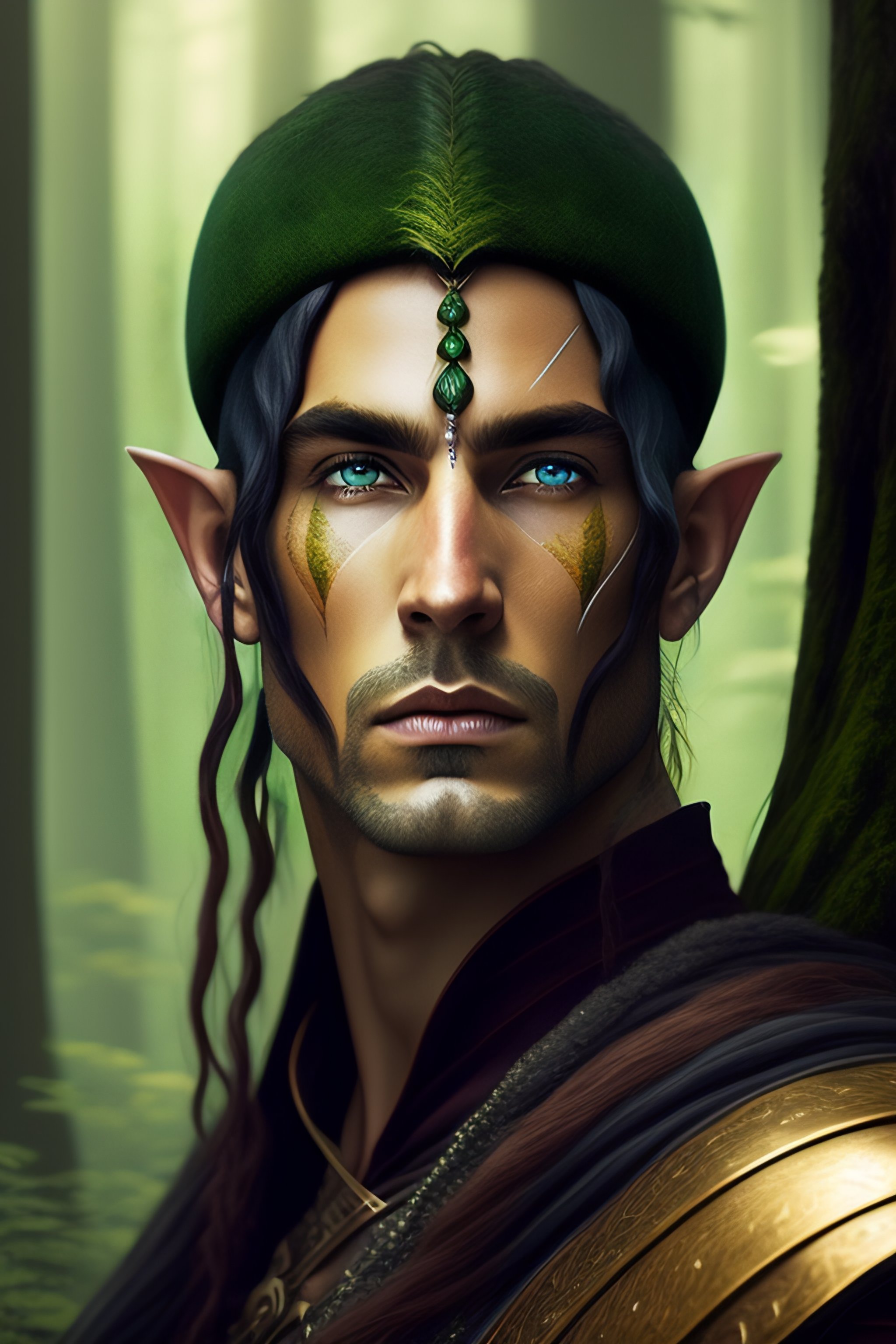 Lexica - Male elf with scarred face, archer, druid, in a forest