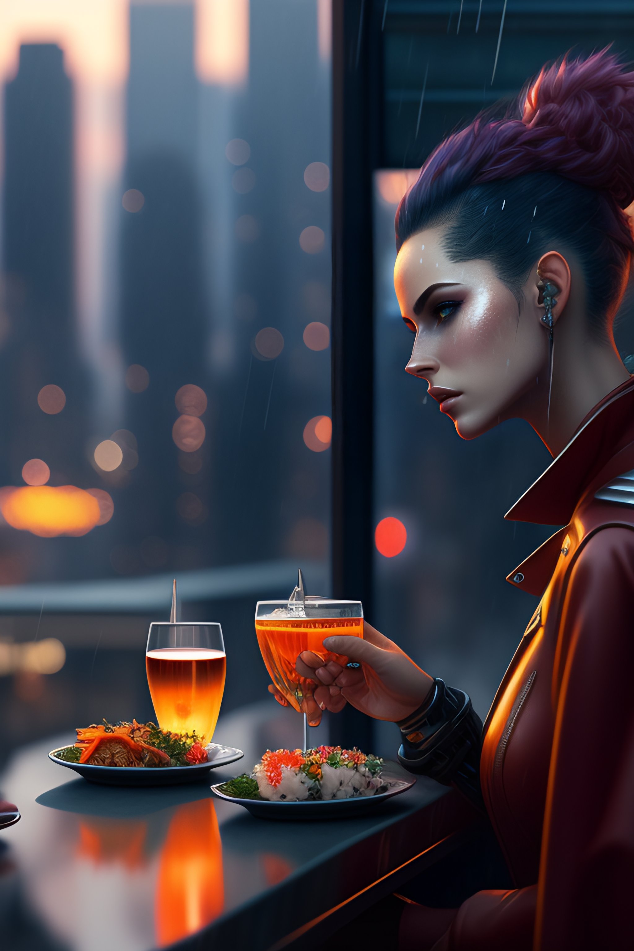 Lexica - A group of cyberpunk cyborg eating sushi on a table outside in ...