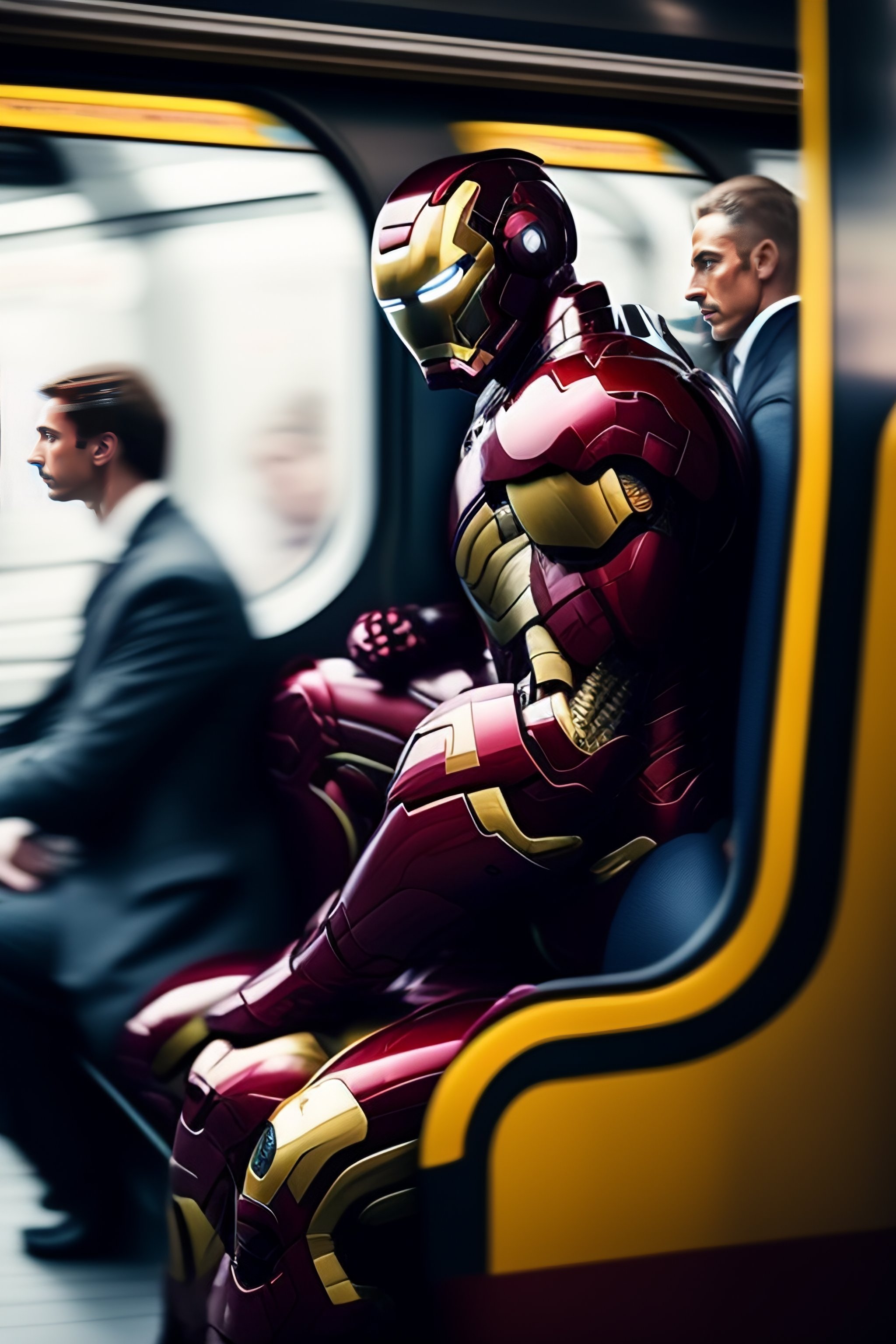 Lexica - Iron Man sitting in the London Underground train during rush ...