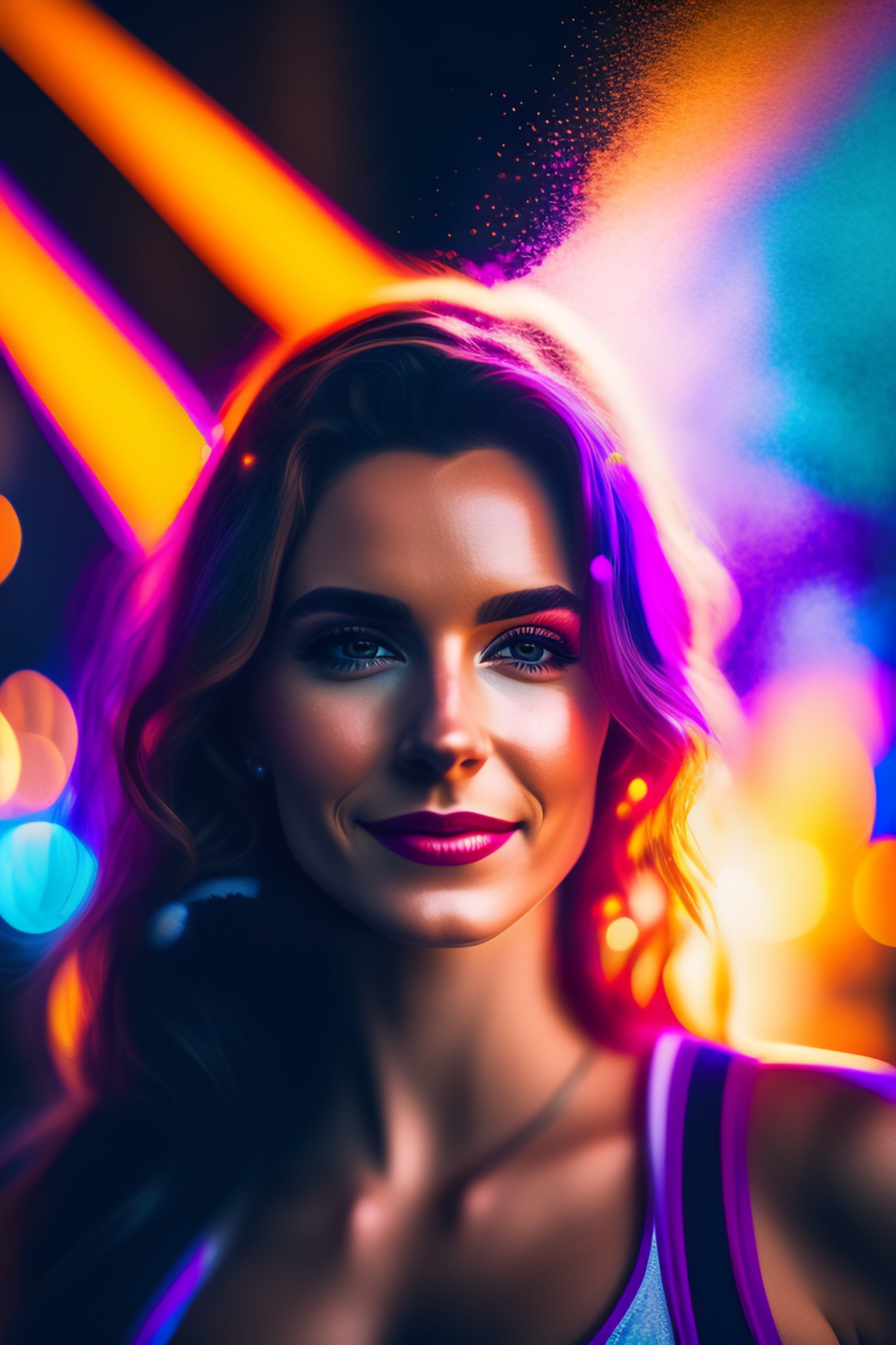 Lexica - Portrait of a young woman at a rave throwing colored dust ...