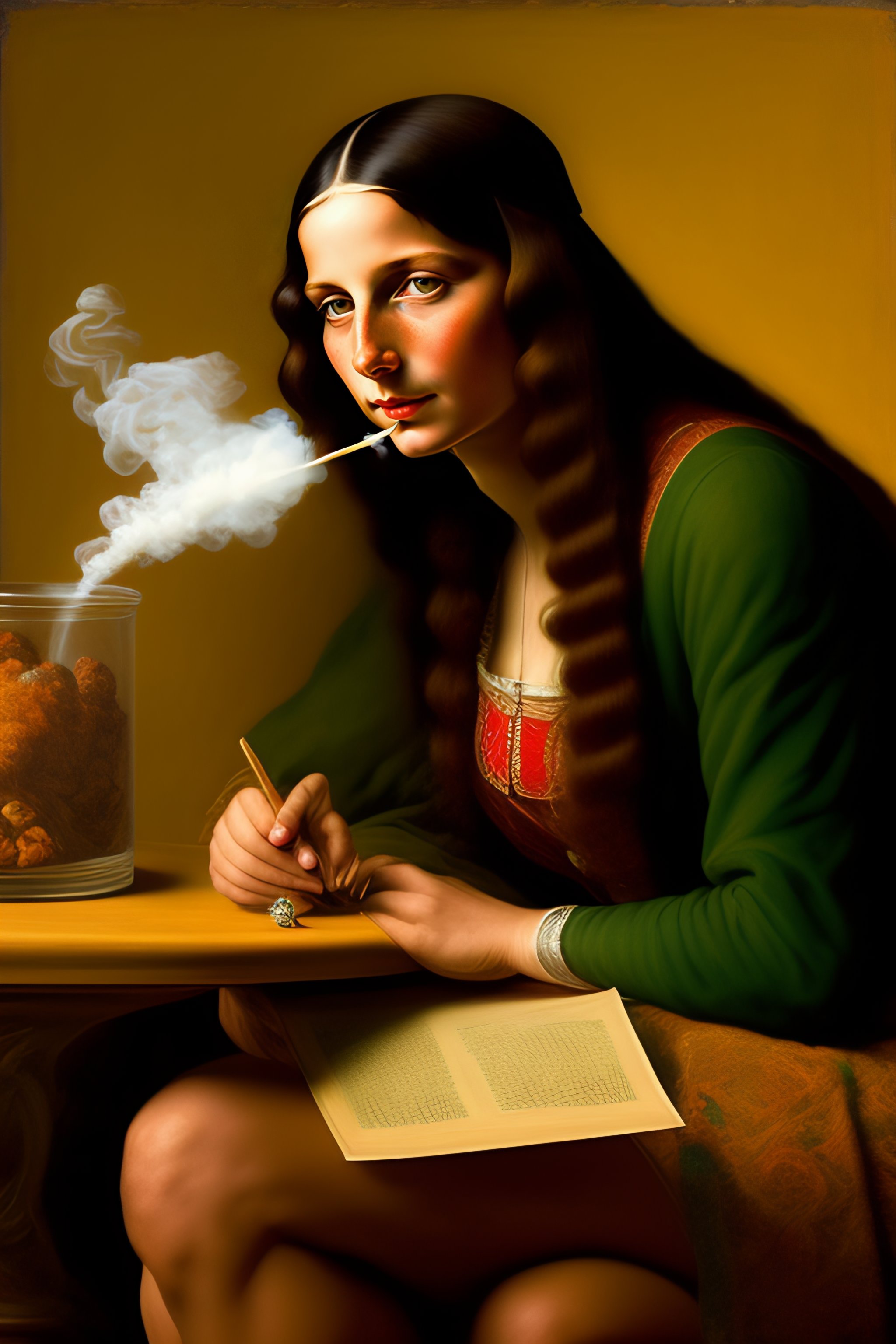 Lexica - Norman Rockwell style mona lisa draw smoking weed