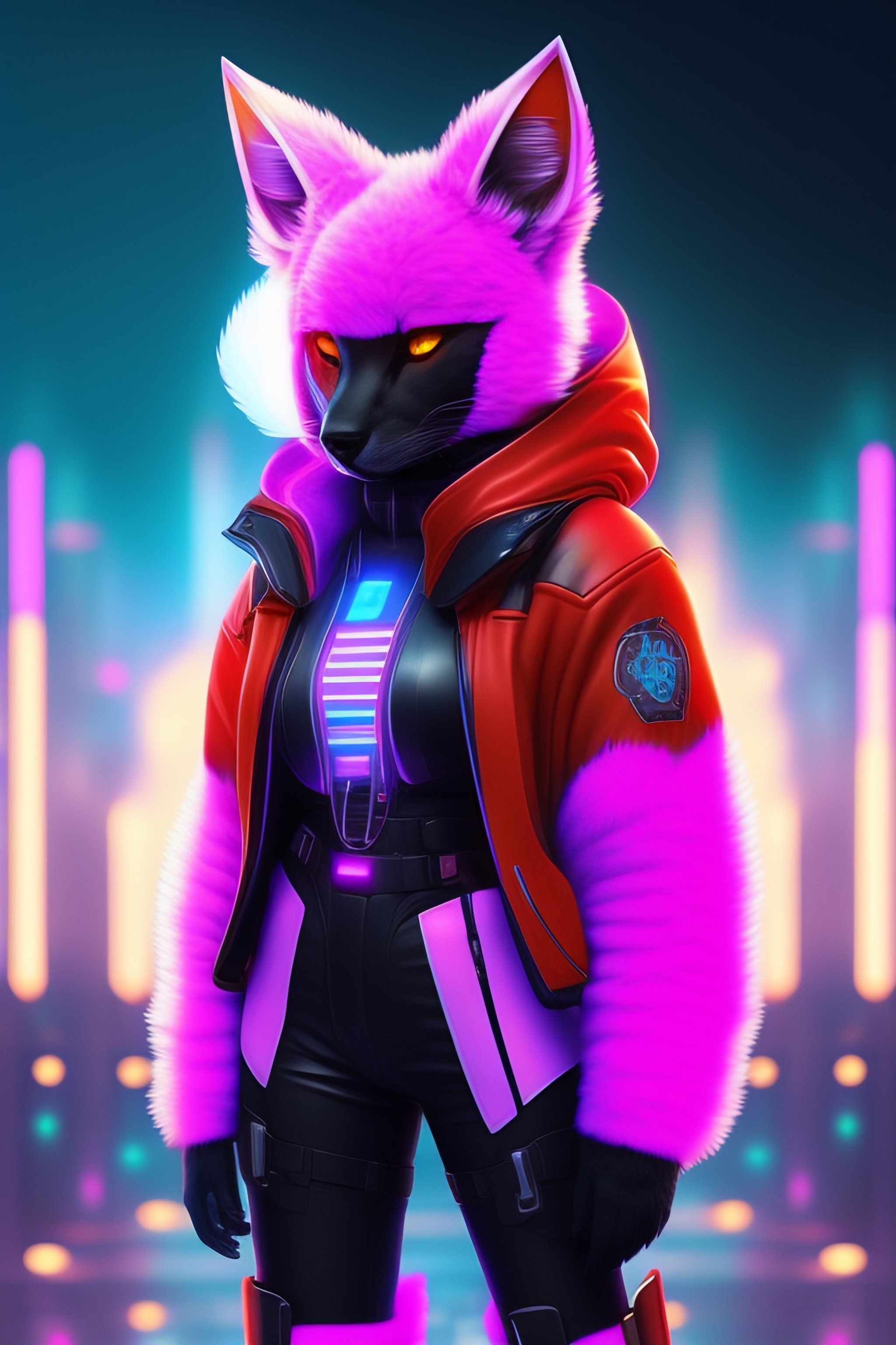 Lexica - Protogen fursona, cyber face, ultra fluffy tail, synthwave colours