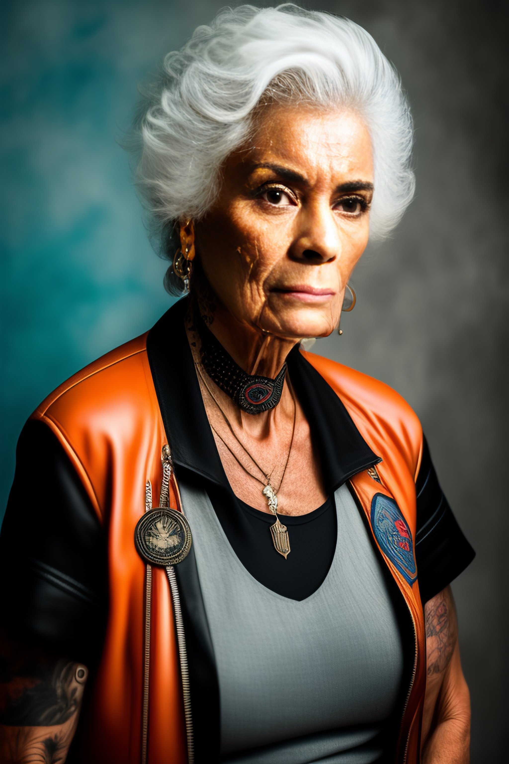 Lexica - Portrait of a grumpy mean scowl old woman biker tattoos very ...