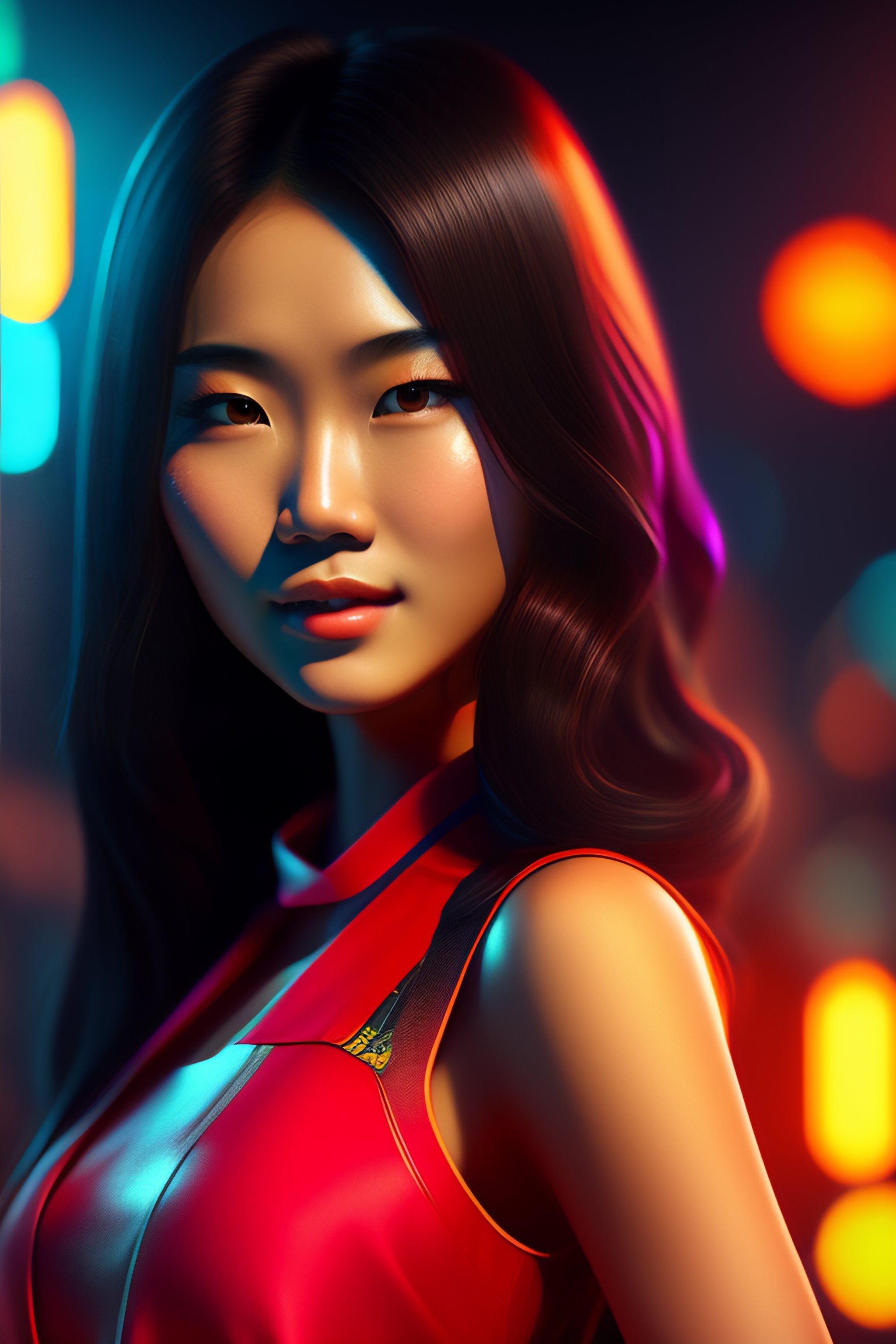 Lexica - Asian girl, beautiful face, neon, anime, octane render