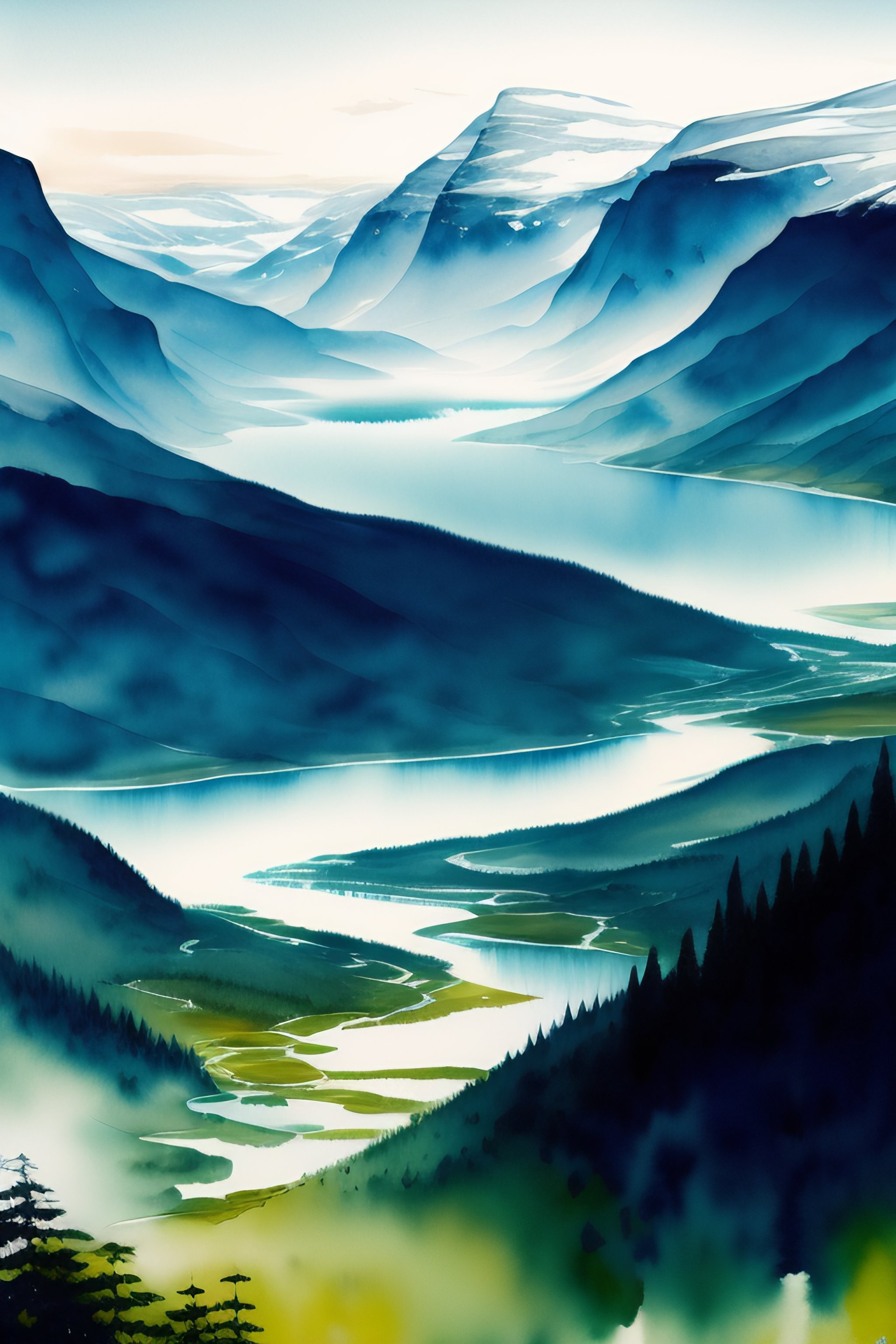 Lexica - Watercolor and india ink painting looking out over vast ...