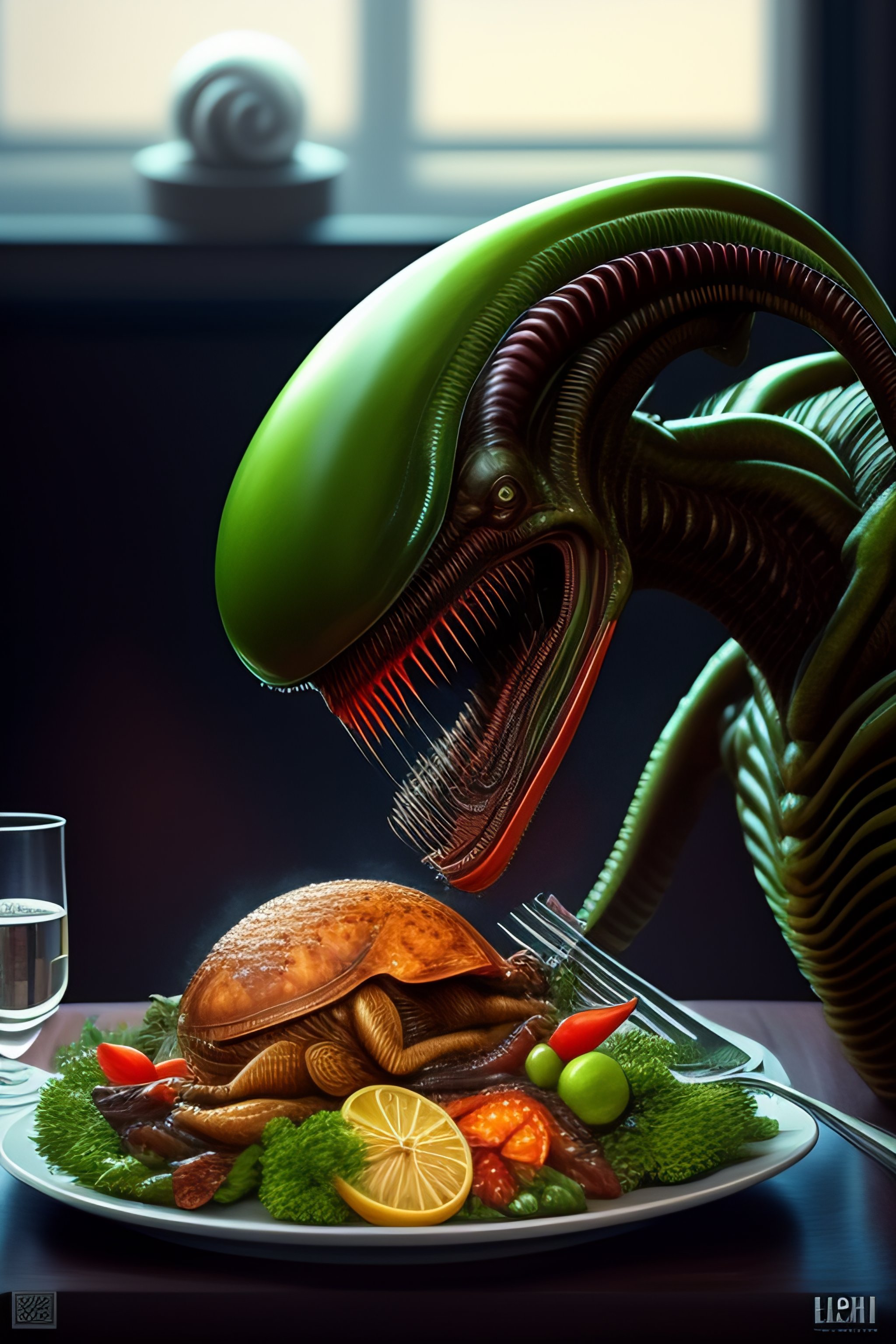 Lexica - Xenomorph alien eat Christmas dinner, highly detailed art