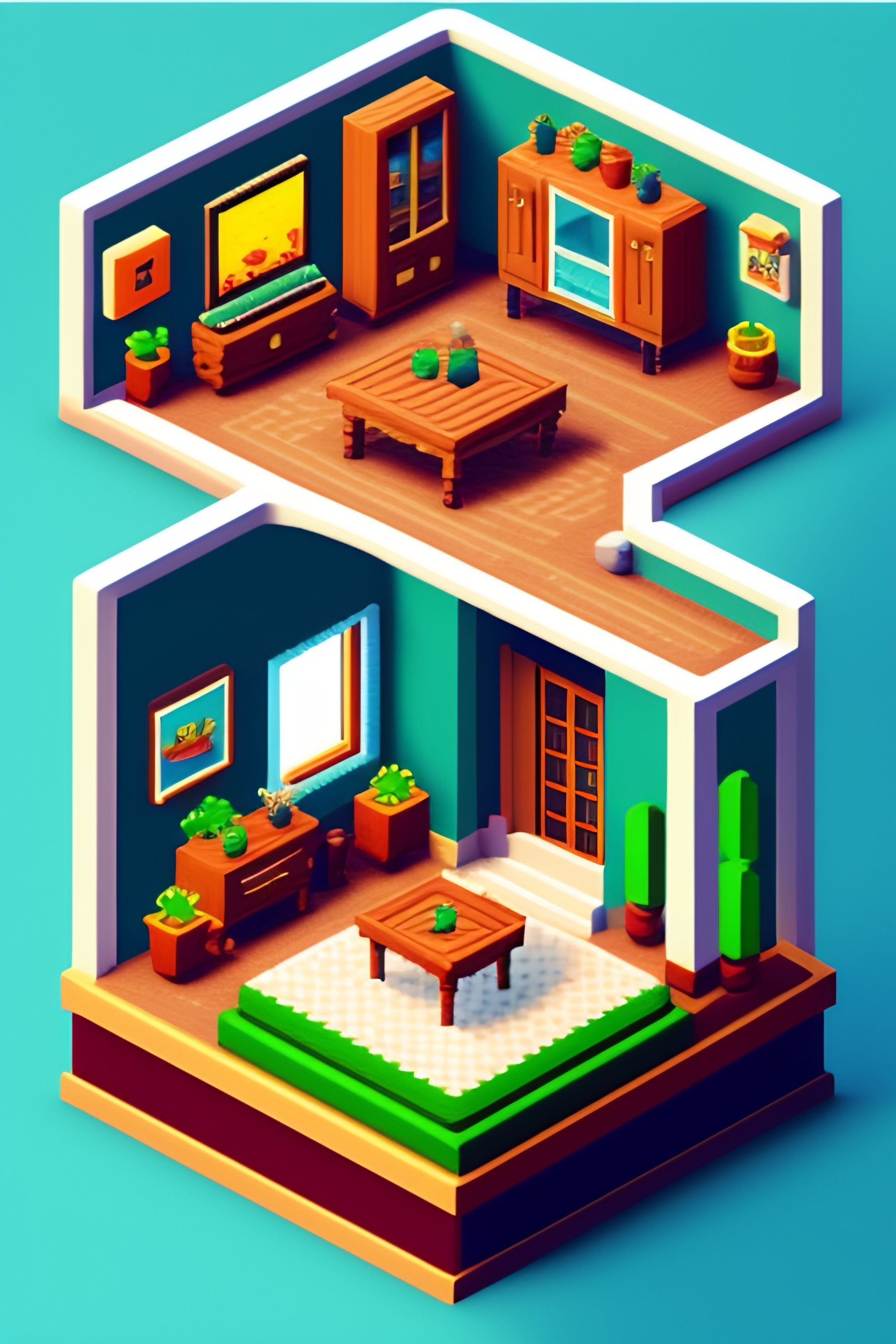 Lexica - Detailed isometric living room, 8 bits, pixel art