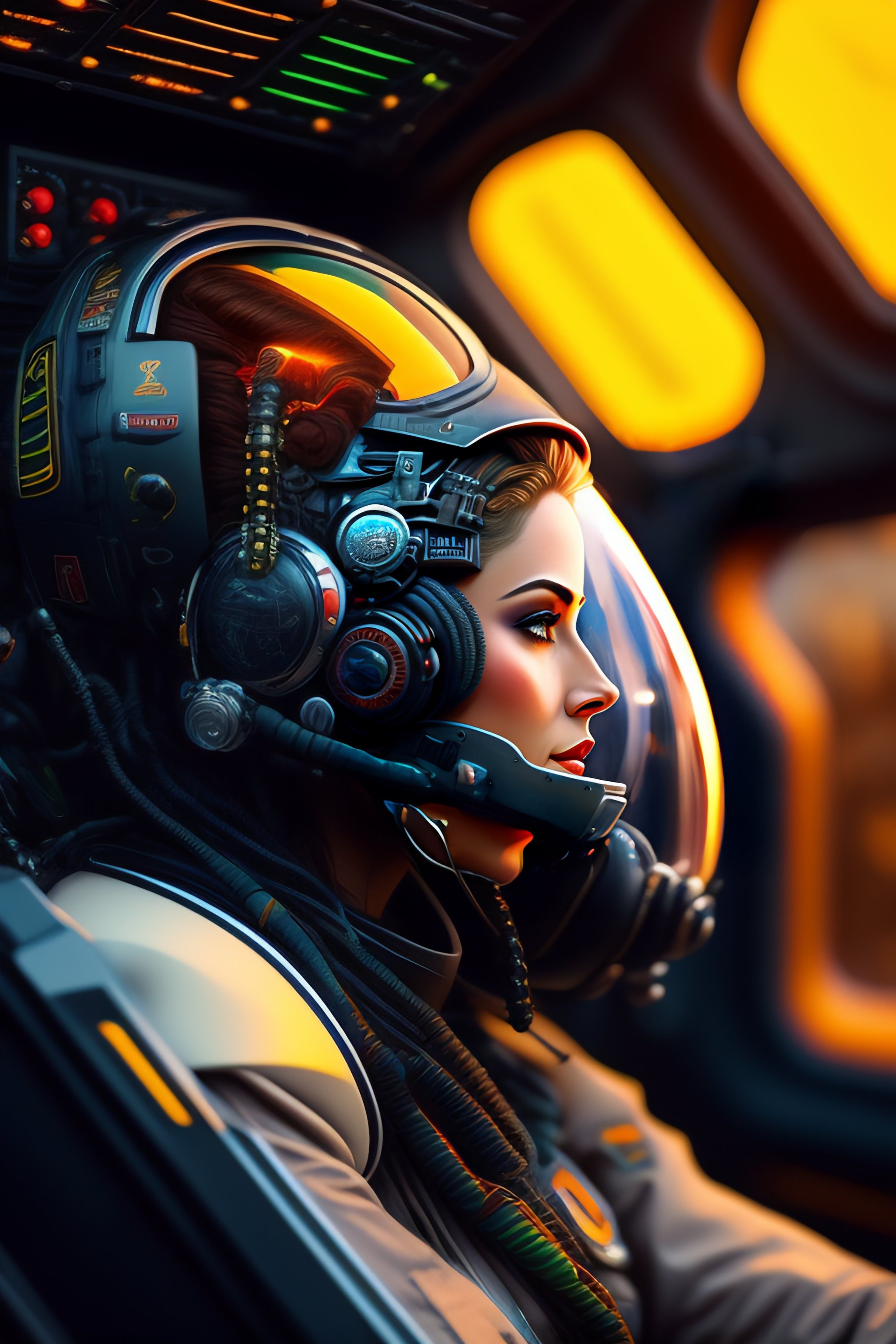 Lexica - Cyborg pilot wired to commands, detailed maximalist interior ...