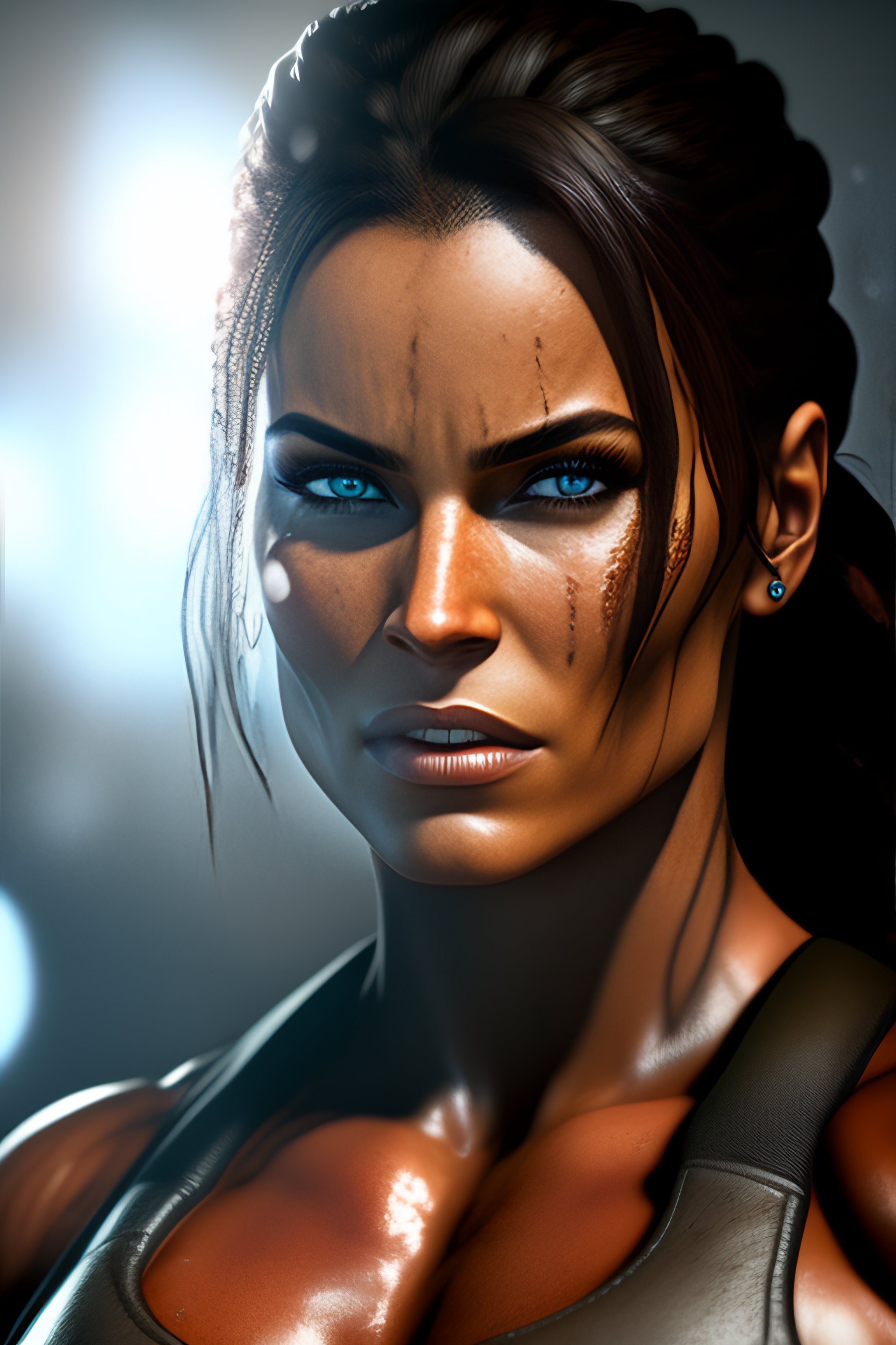 Lexica - Candid action photographic portrait muscular sweat lara croft ...