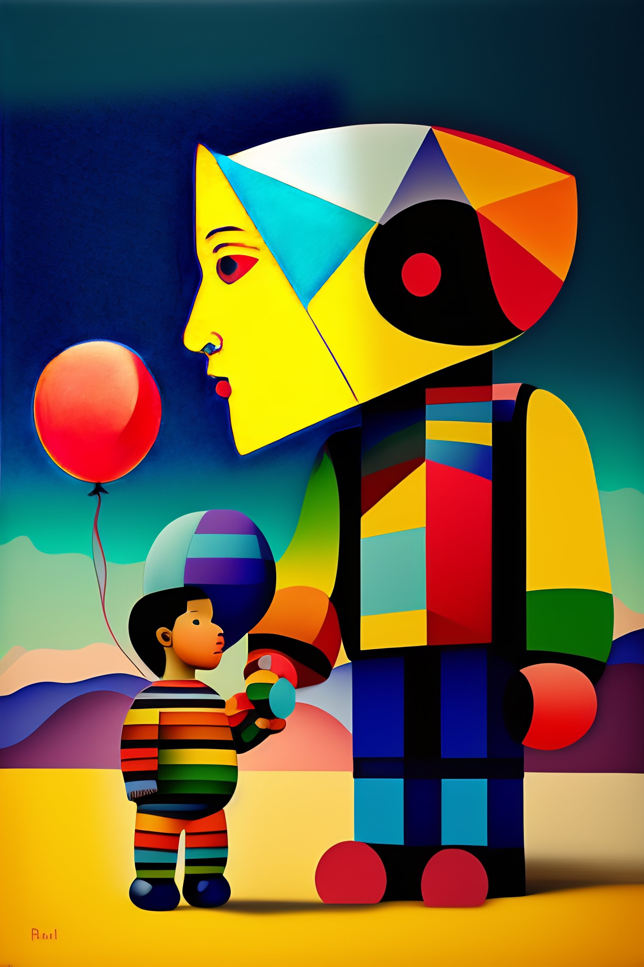 Lexica - Picasso cubist robot with boy and balloon